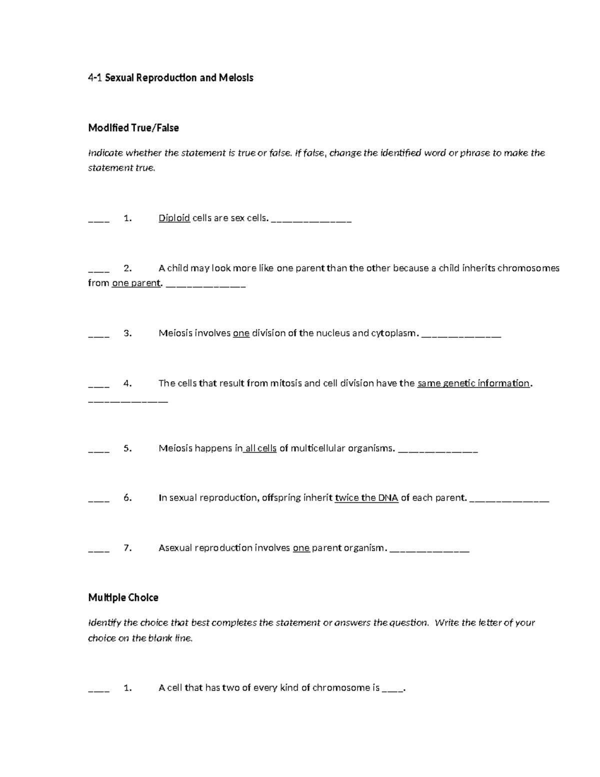 4-1 Meiosis and Sexual Reproduction: True/False & Multiple Choice Quiz ...