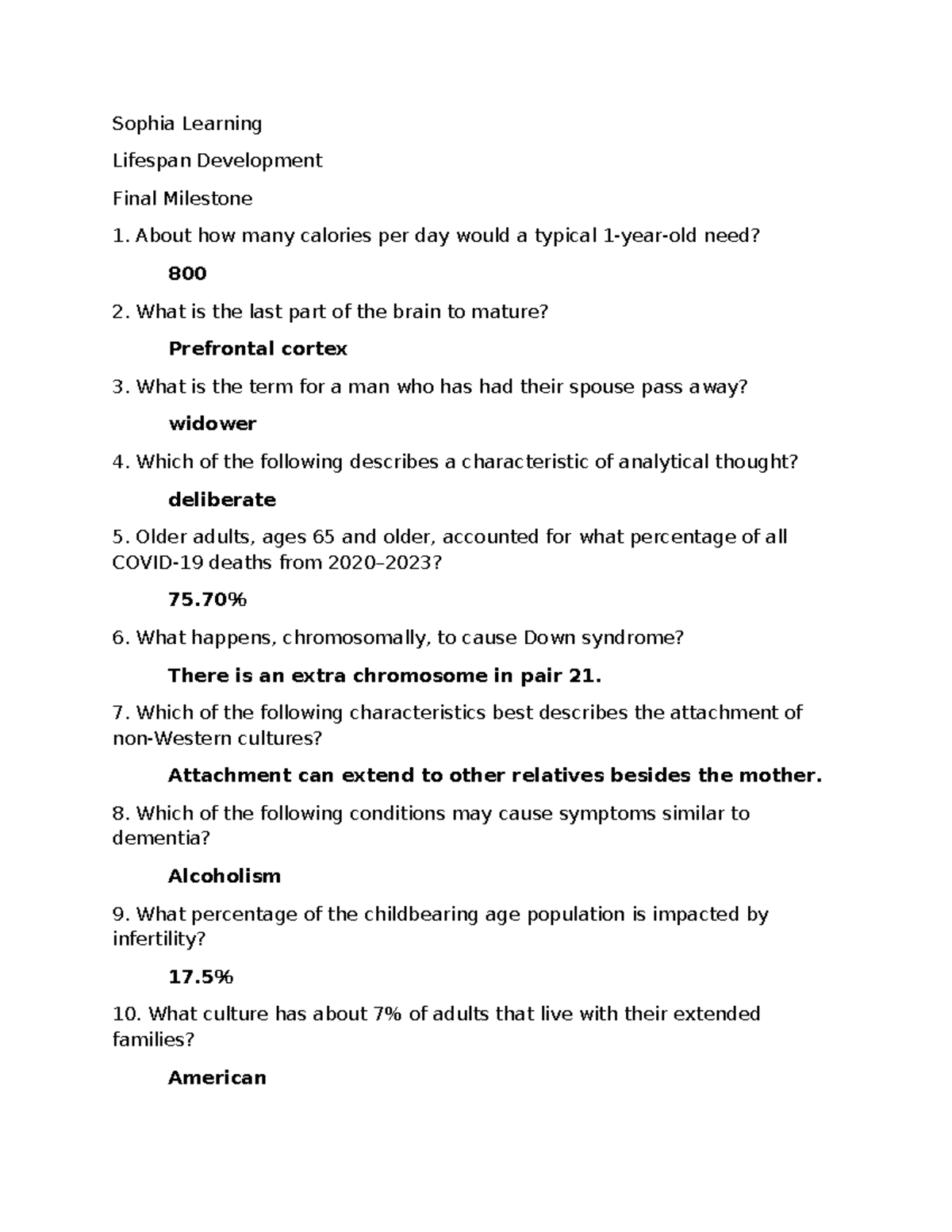 Lifespan Development (PSY 301) Final Milestone Study Guide - Studocu