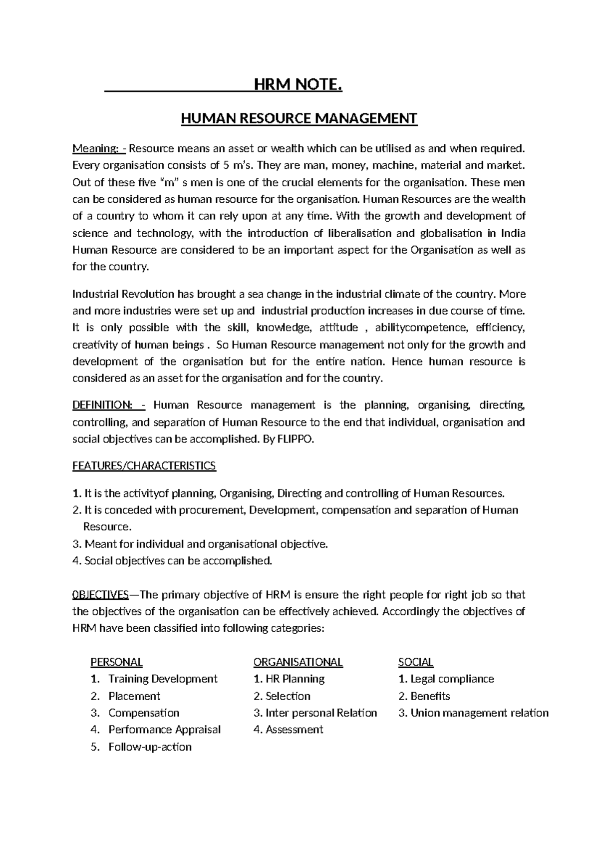 HRM - notes - HRM NOTE. HUMAN RESOURCE MANAGEMENT Meaning: - Resource ...