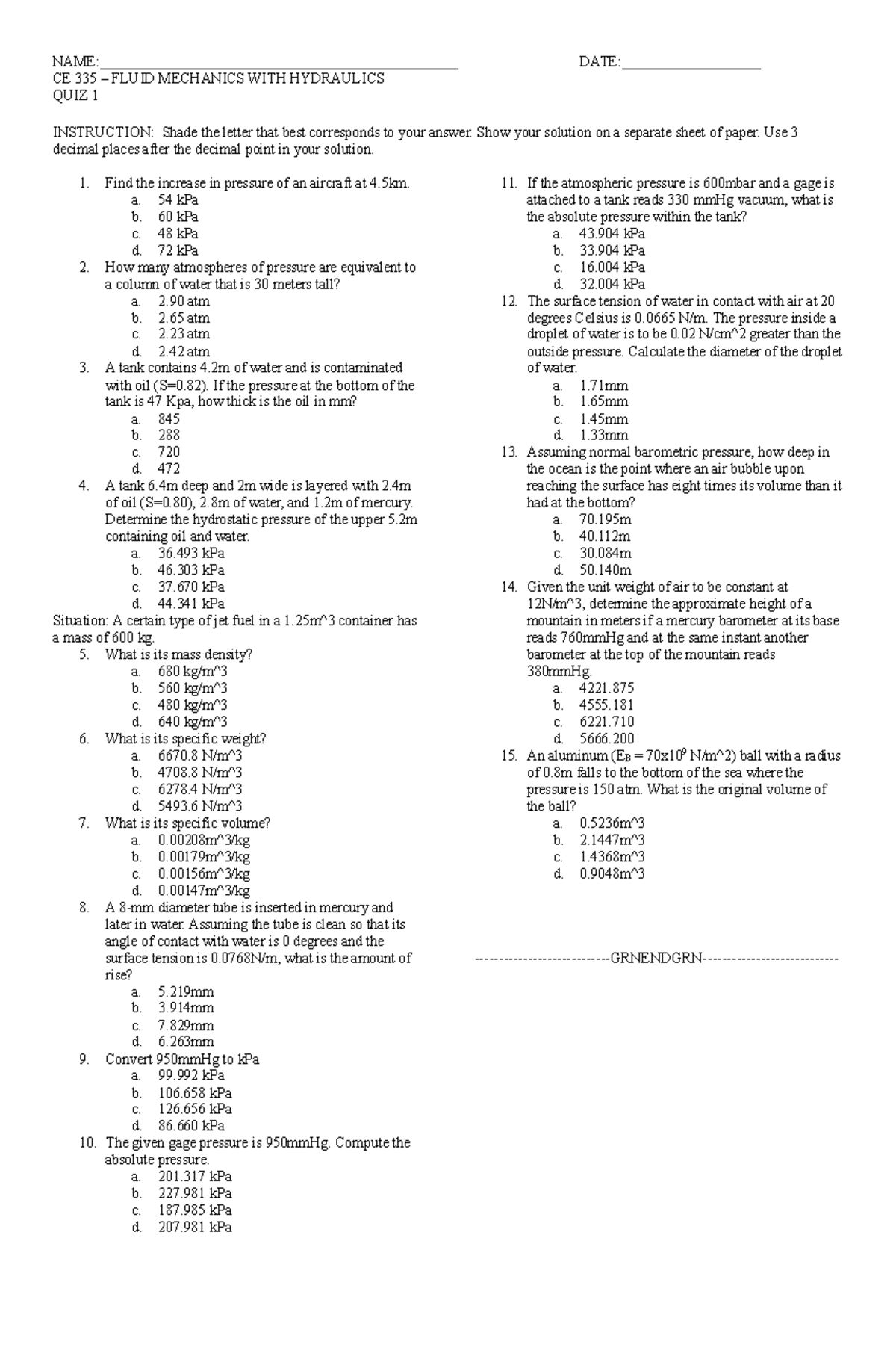 CE 335 FLUID MECHANICS WITH HYDRAULICS QUIZ 1 PRACTICE PROBLEMS - Studocu