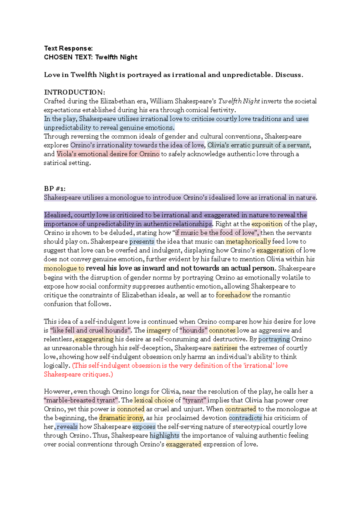 English Notes Breakdown: Analyzing Irrational Love in Twelfth Night ...