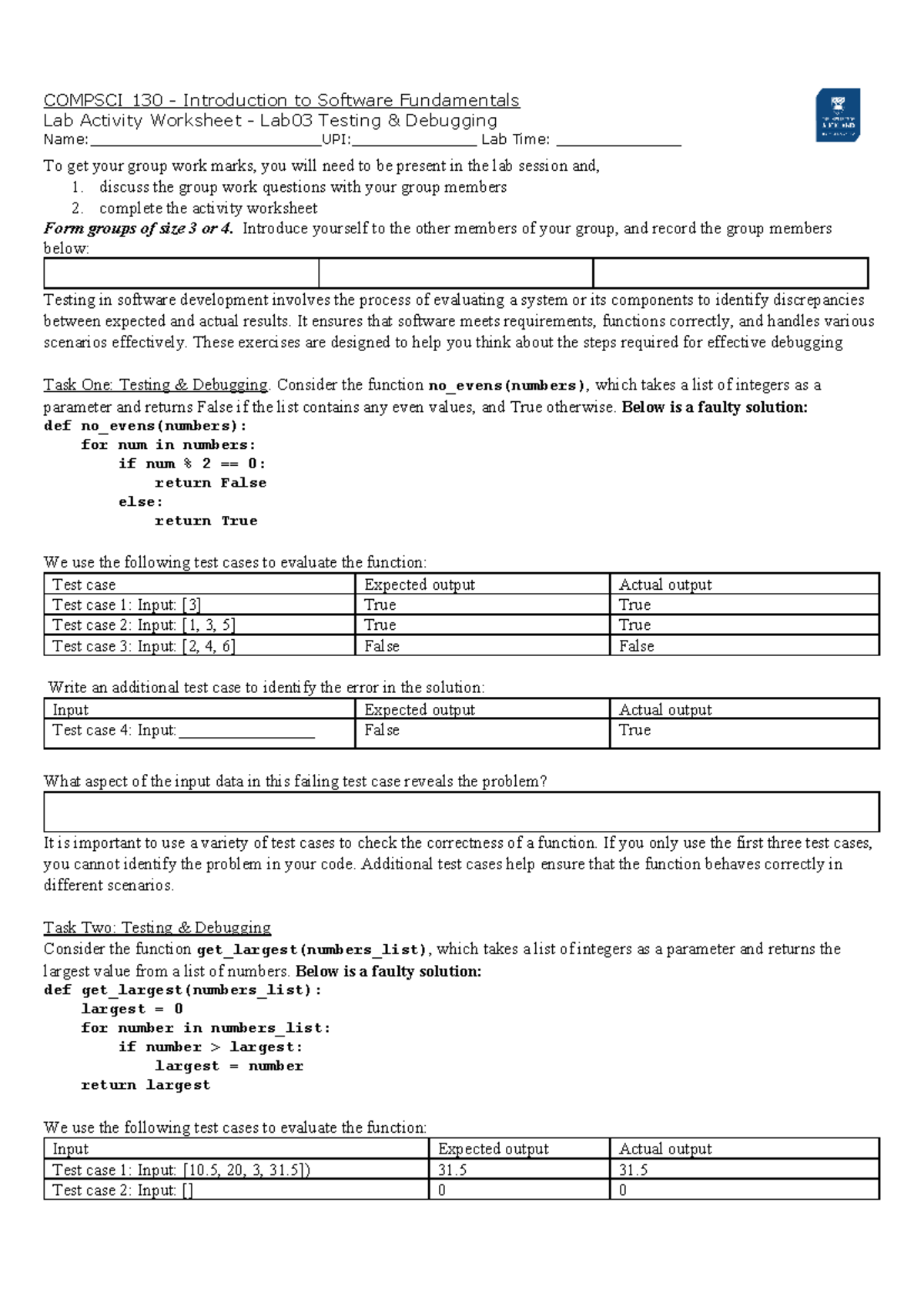 COMPSCI 130 Lab03: Testing & Debugging Activity Worksheet - Studocu