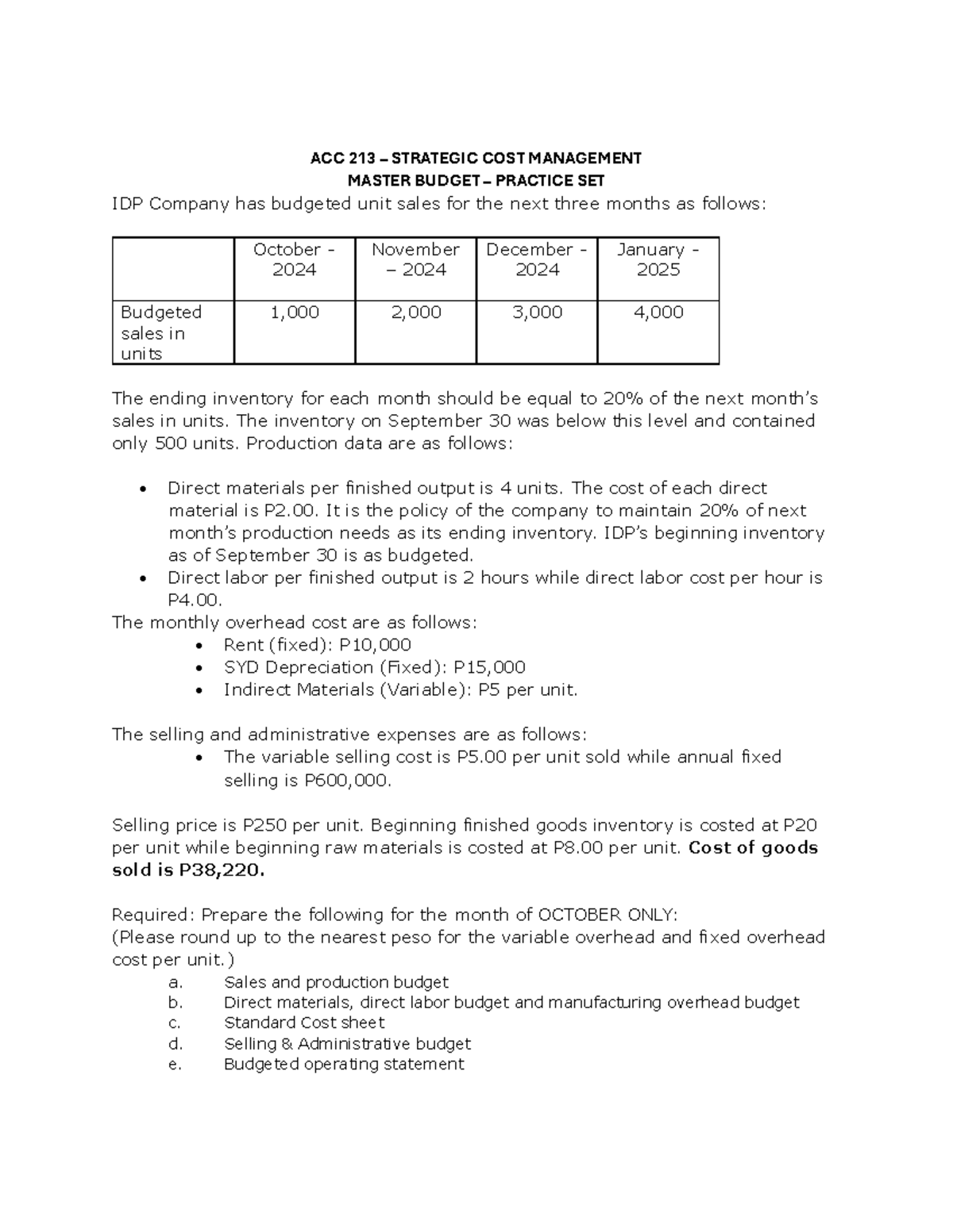 Practice SET 2 - Pracset. - ACC 213 – STRATEGIC COST MANAGEMENT MASTER ...