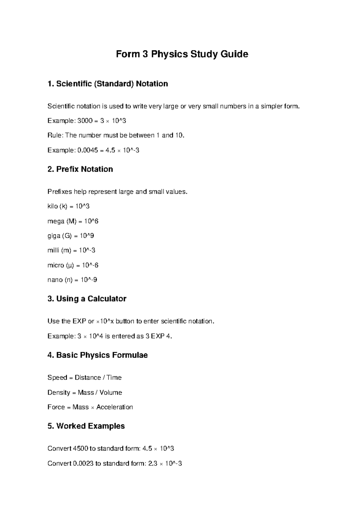 Form 3 Physics Study Guide: Scientific Notation & Basics - Studocu