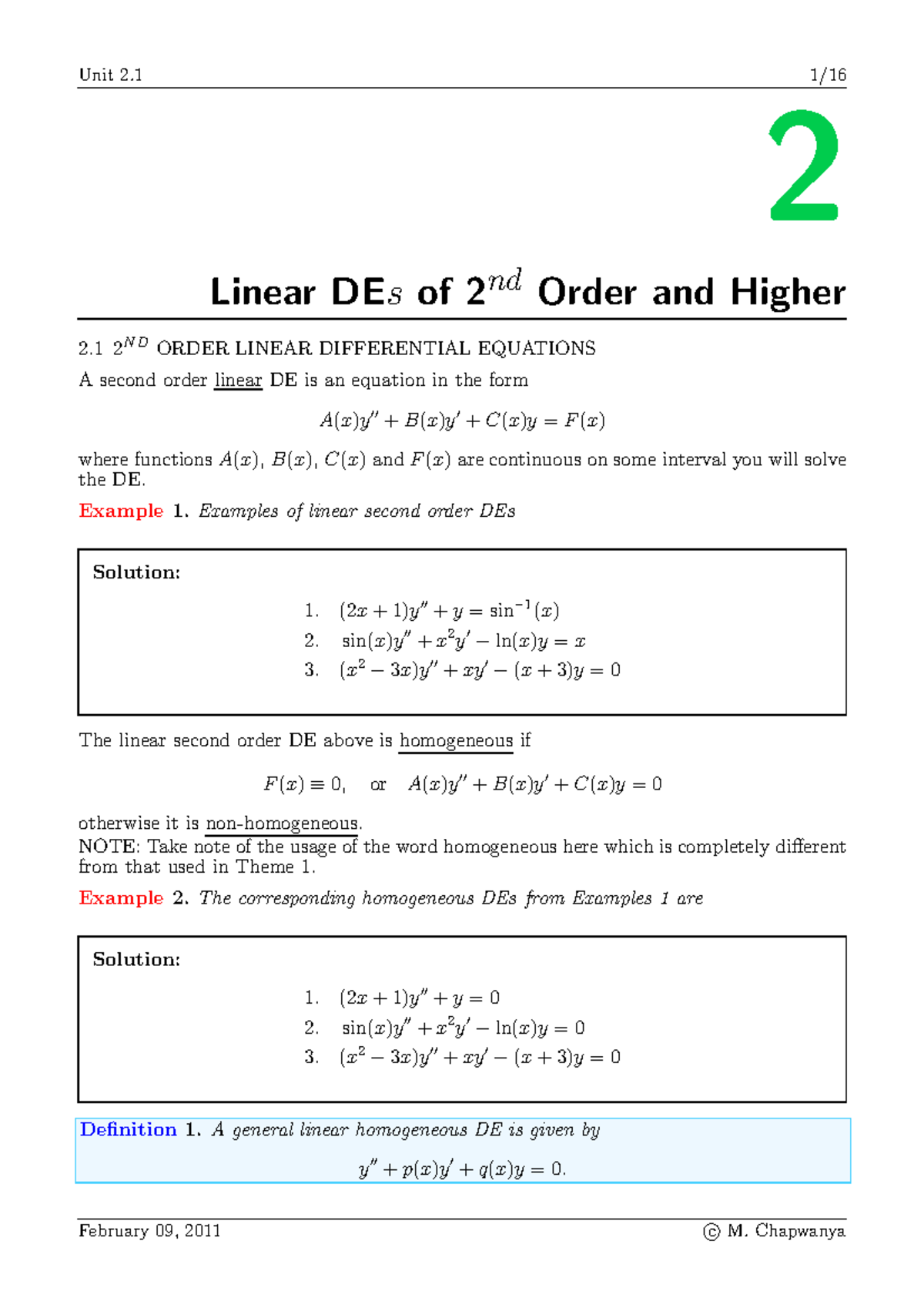 Chapwanya - Theme 2 - Linear Differential Equations & Solutions - Studocu