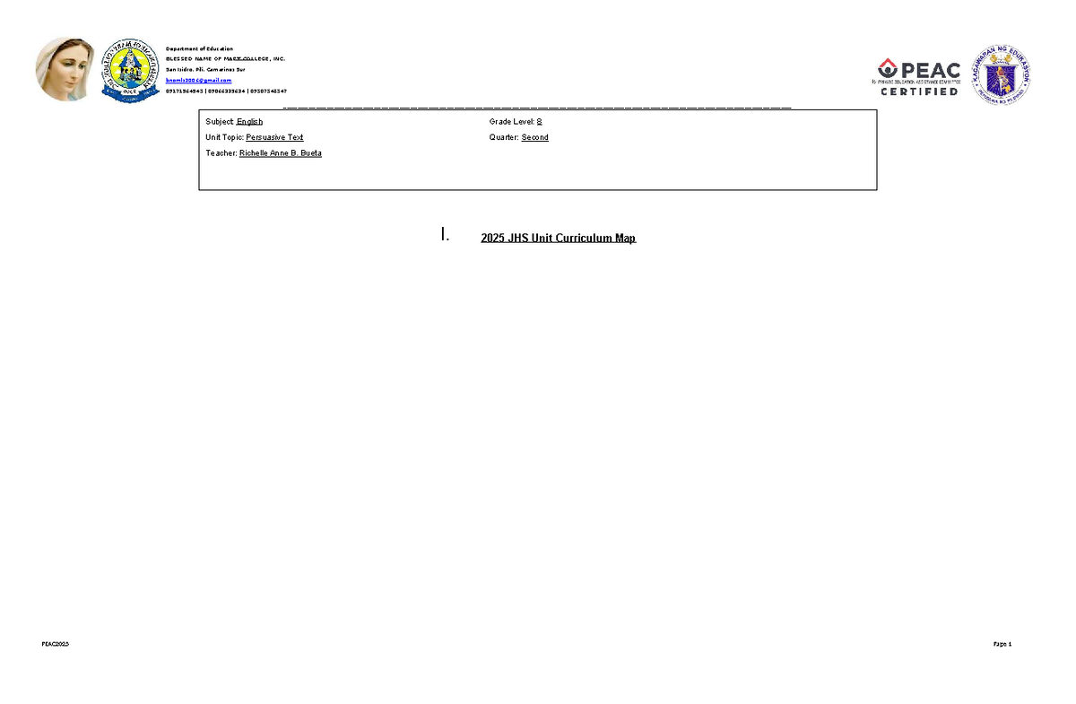 English 8 PEAC2025 2nd Quarter Curriculum Map and Learning Plan - Studocu