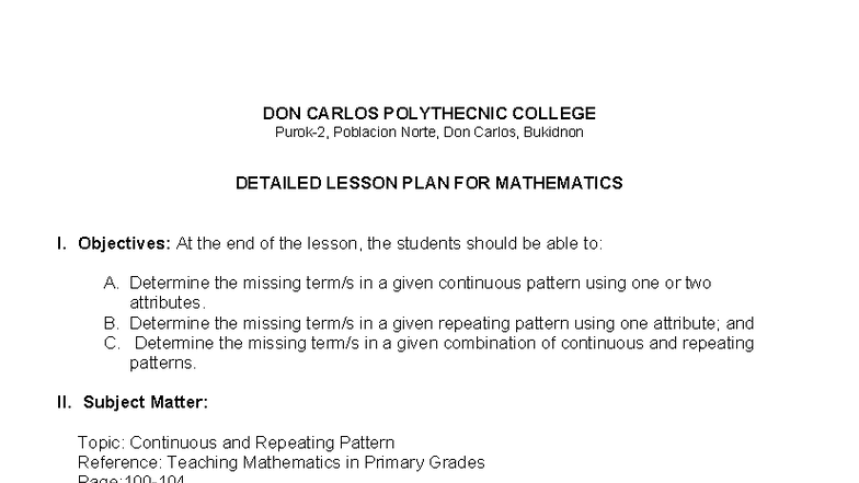 DLP Math I: Detailed Lesson Plan on Patterns and Strategies - Studocu