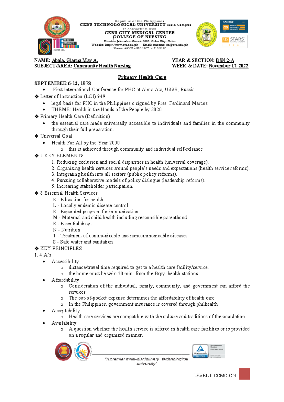 CHN 2-A Lecture on Primary Health Care Principles and Key Elements ...