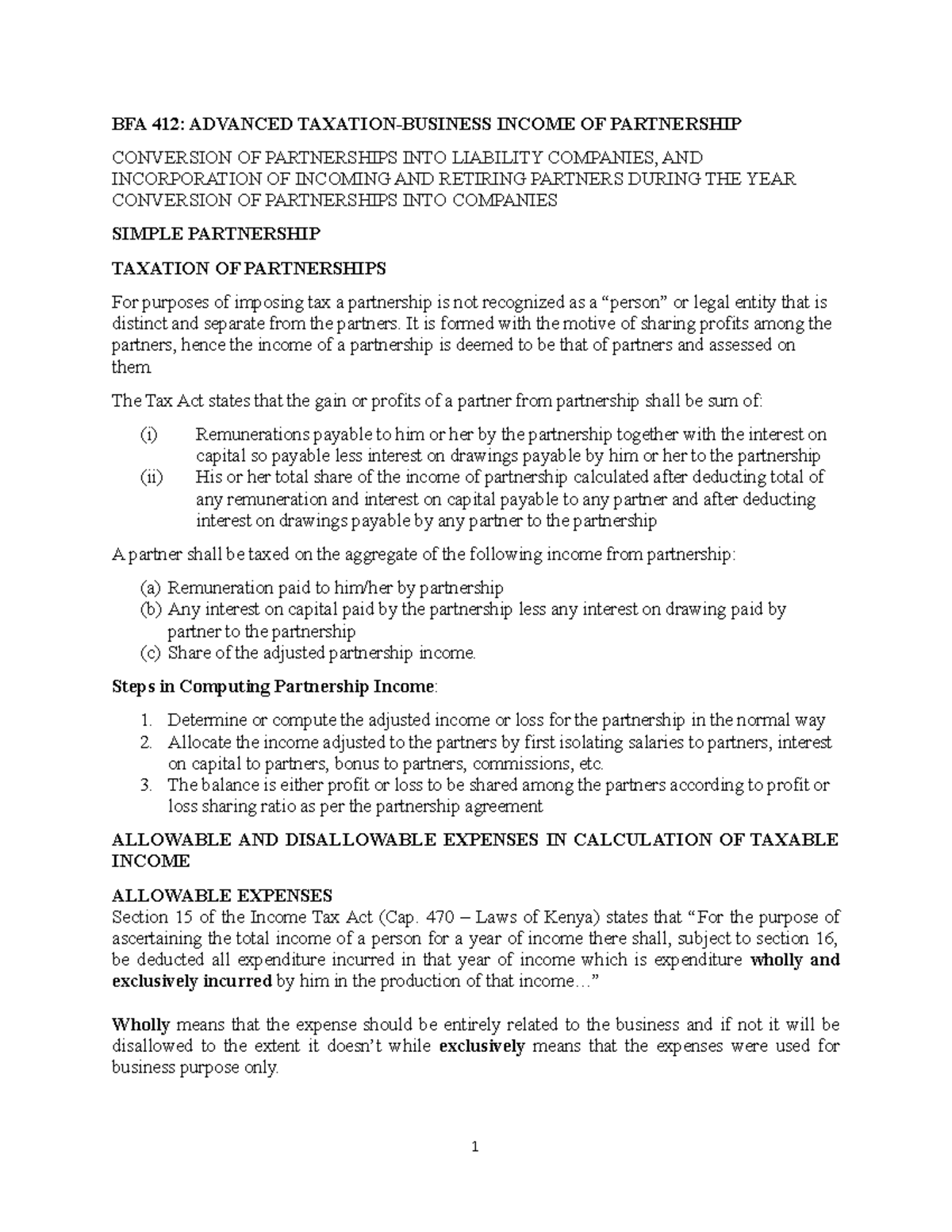 BAF 412 - Advance Taxation - Business Income - Partnership Notes - BFA ...