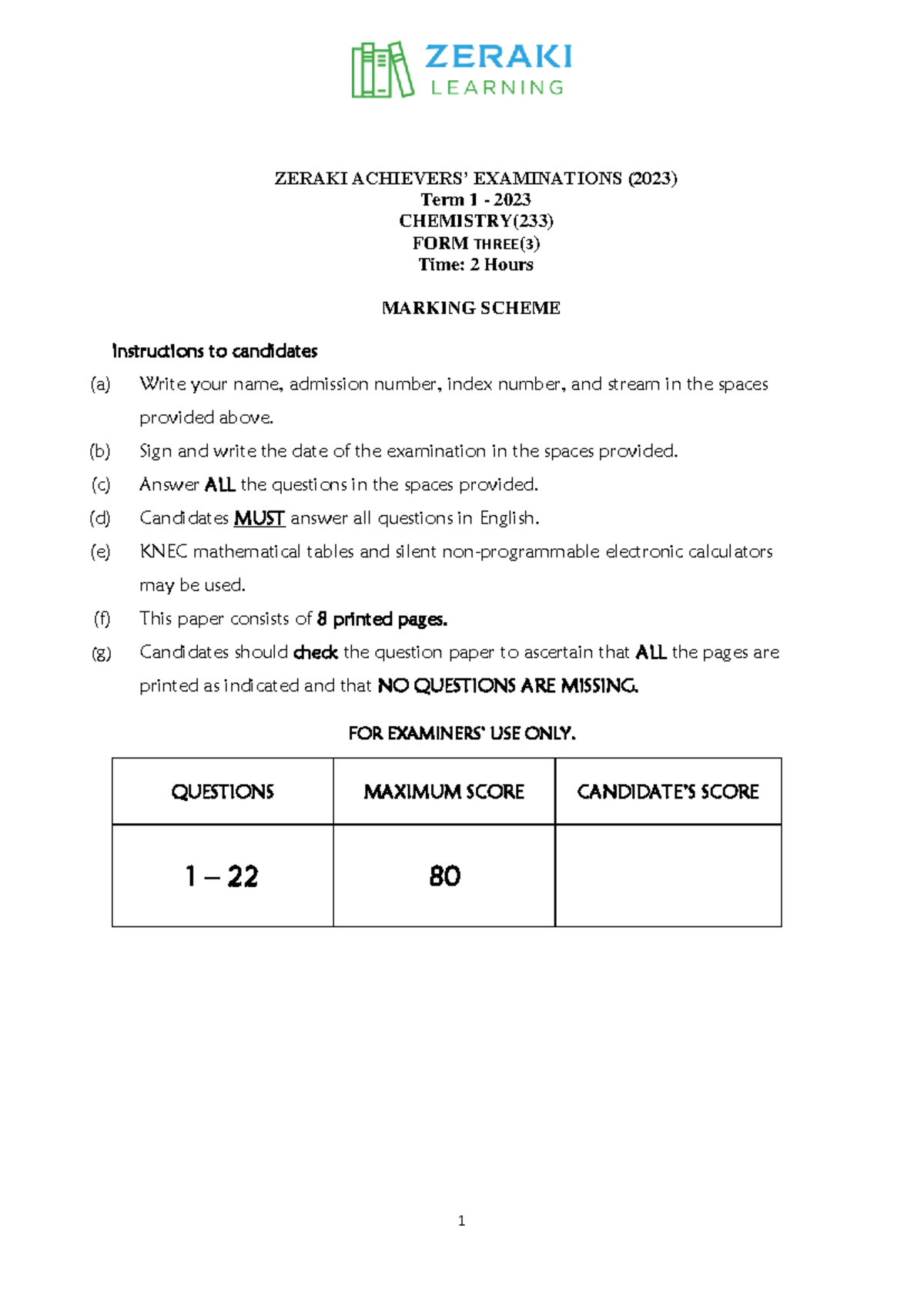 Chemistry Form 3 Marking Scheme Zeraki Achievers 9.0 - April 2023 ...