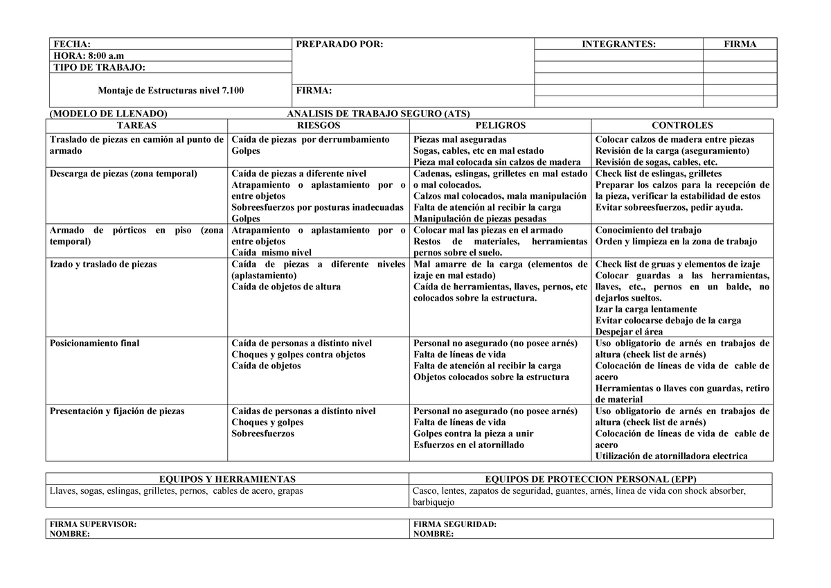 33. ATS Formato: Análisis de Trabajo Seguro para Montaje de Estructuras ...