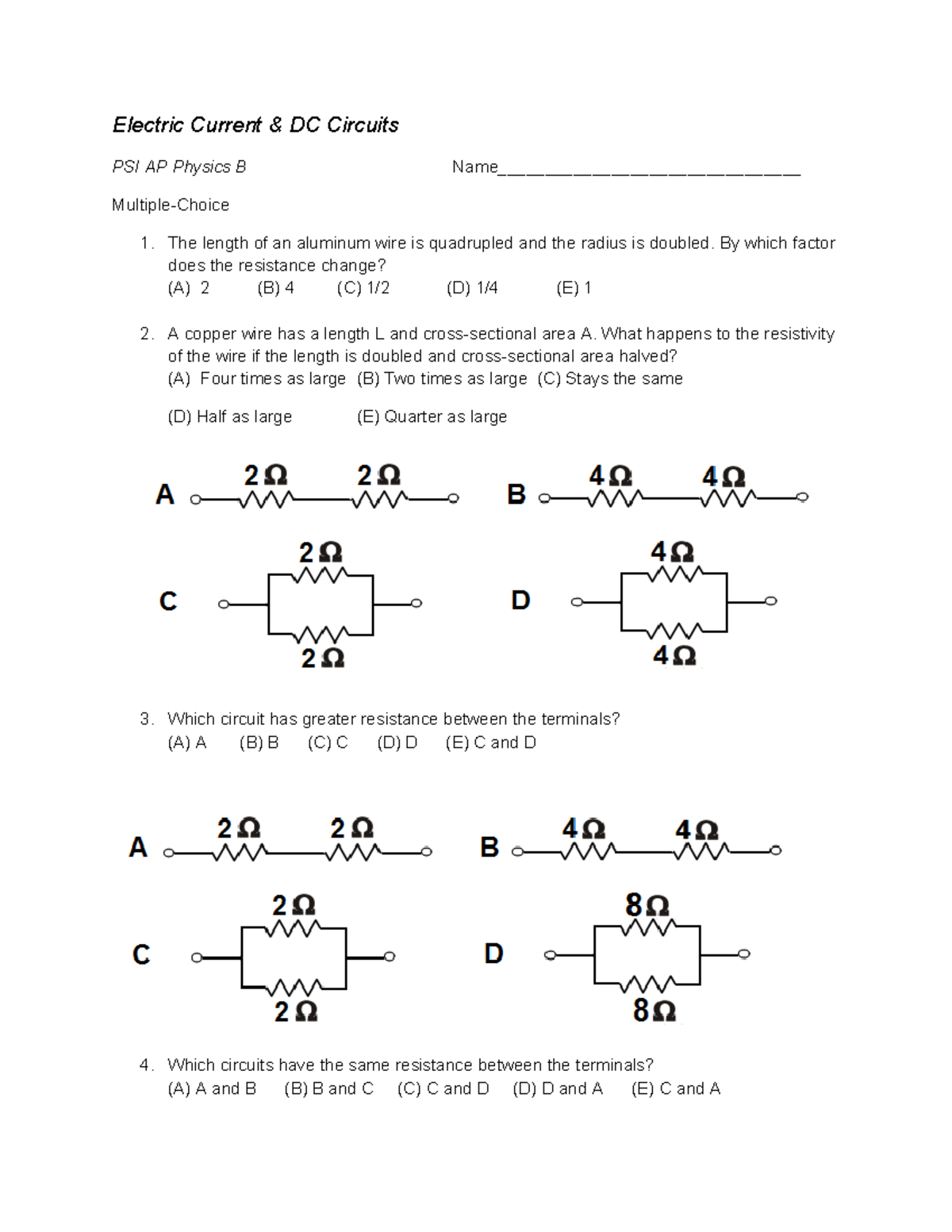 Electric Current & DC Circuits Practice Problems - PSI AP Physics B ...