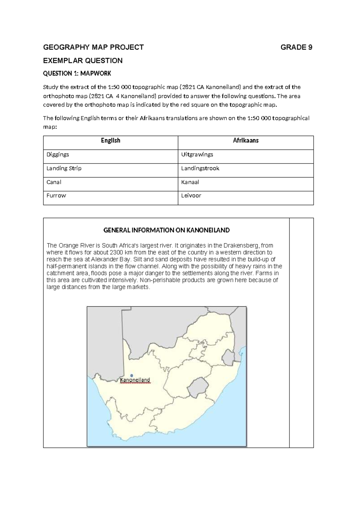 Grade 9 Geography Map Project: Kanoneiland Analysis and Questions - Studocu
