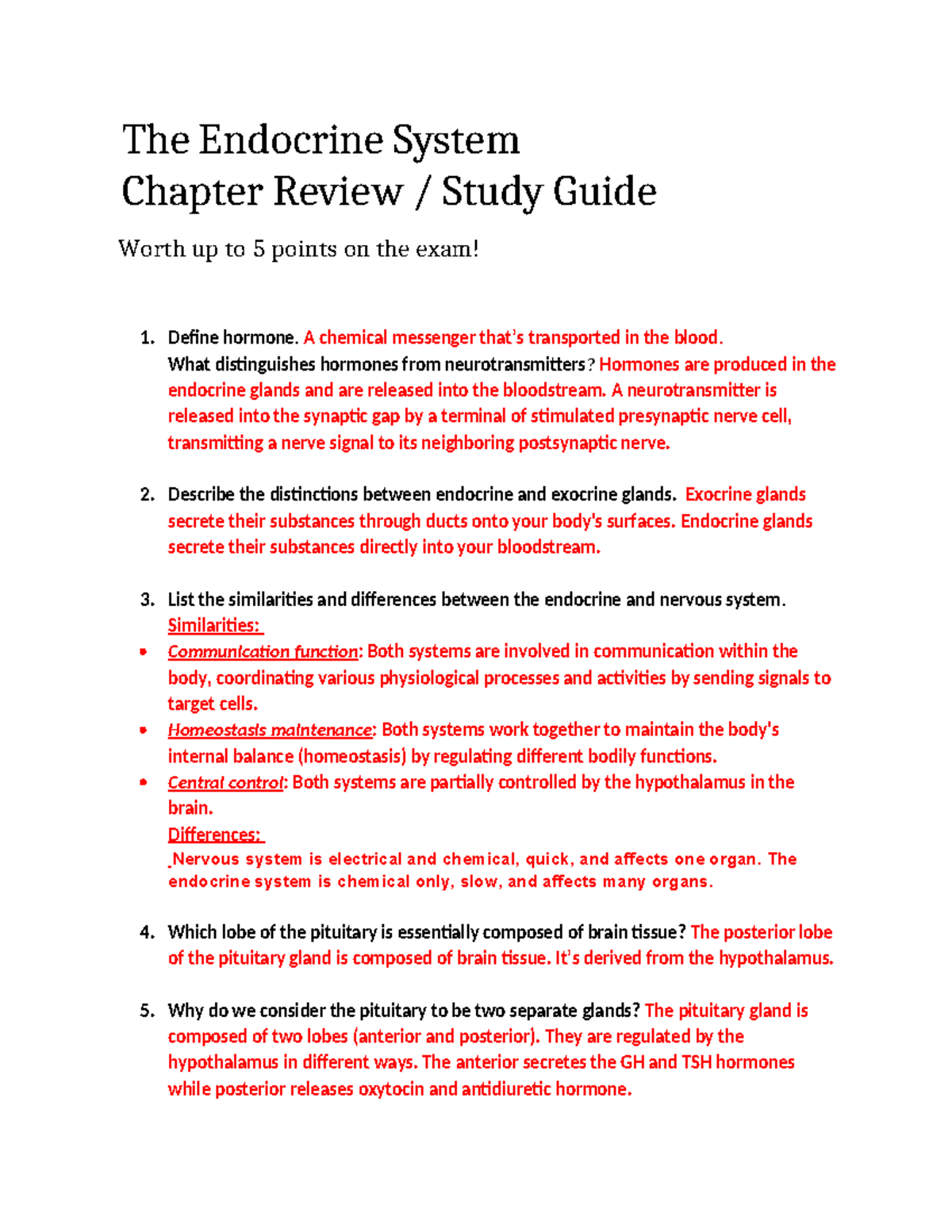 Endocrine System Study Guide with Exam Answers (Ch 5, BIO 101) - Studocu