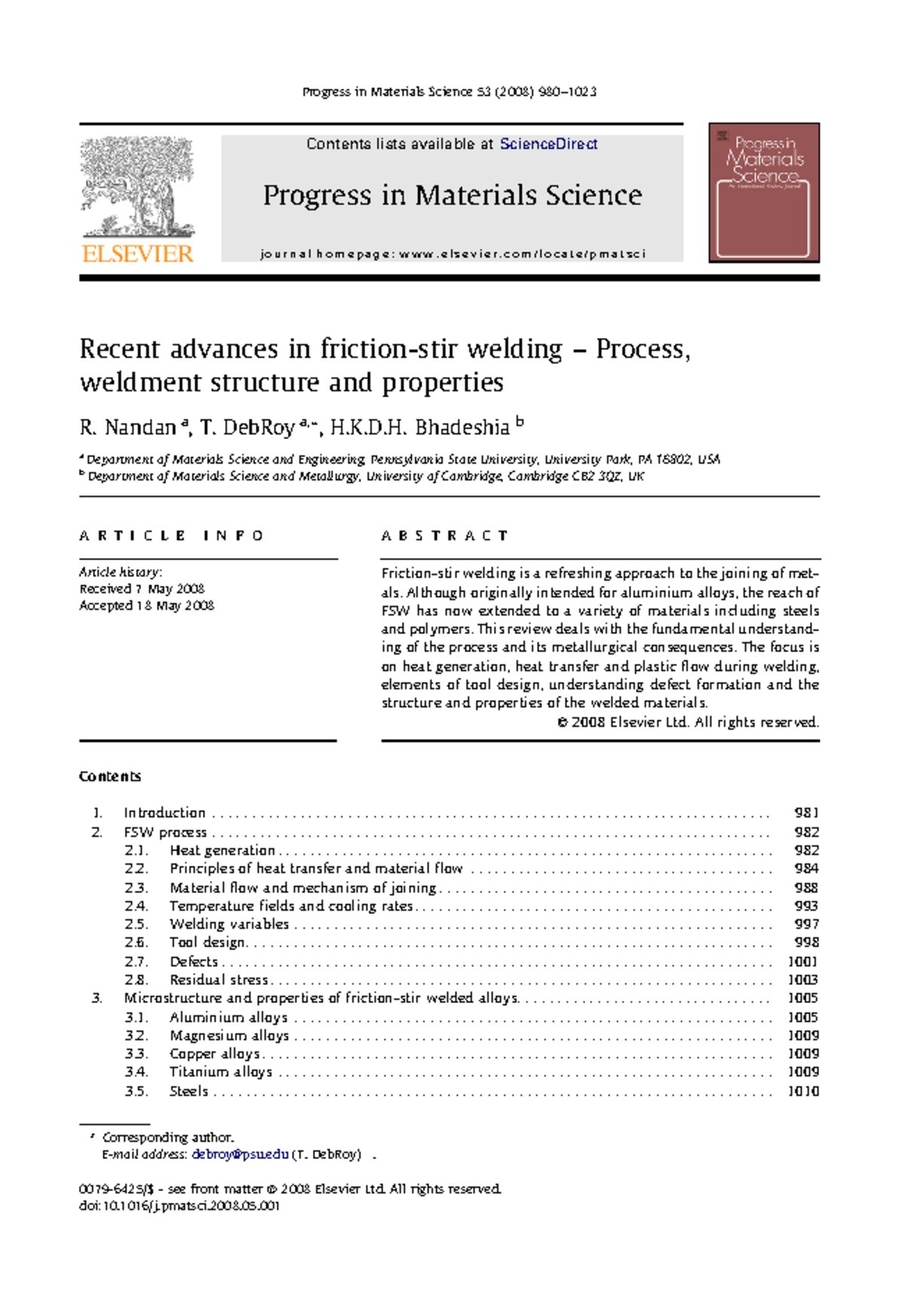 Recent Advances in FSW: Process, Structure, and Properties (PMS 2008 ...
