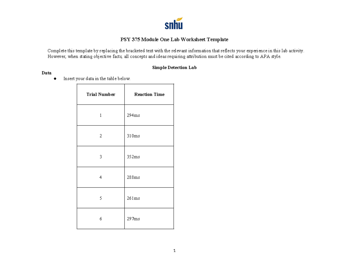 PSY 375 Simple Detection and Visual Search Lab Worksheet - Studocu