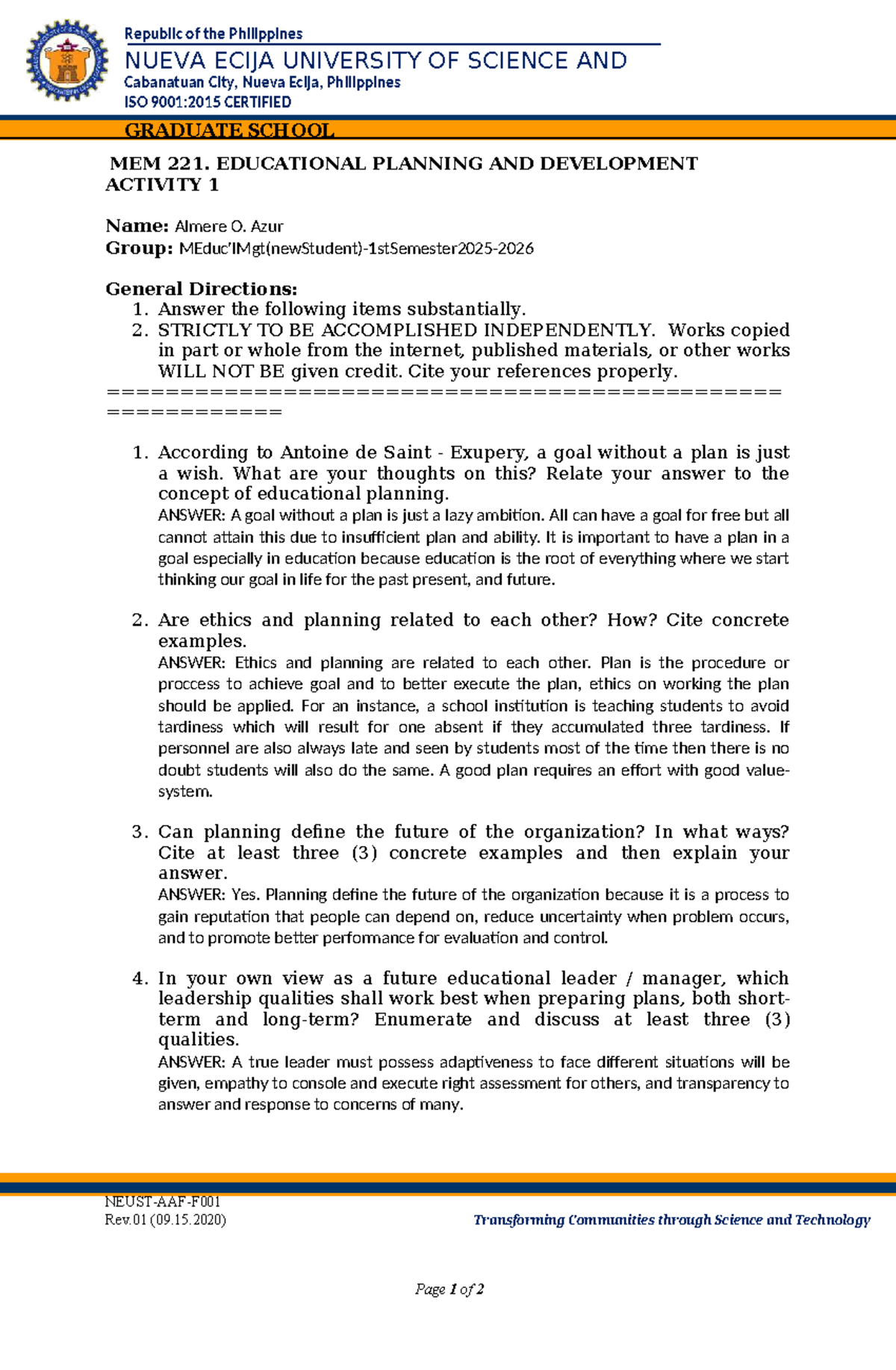 MEM 221 Educational Planning Activity 1: Insights and Reflections - Studocu