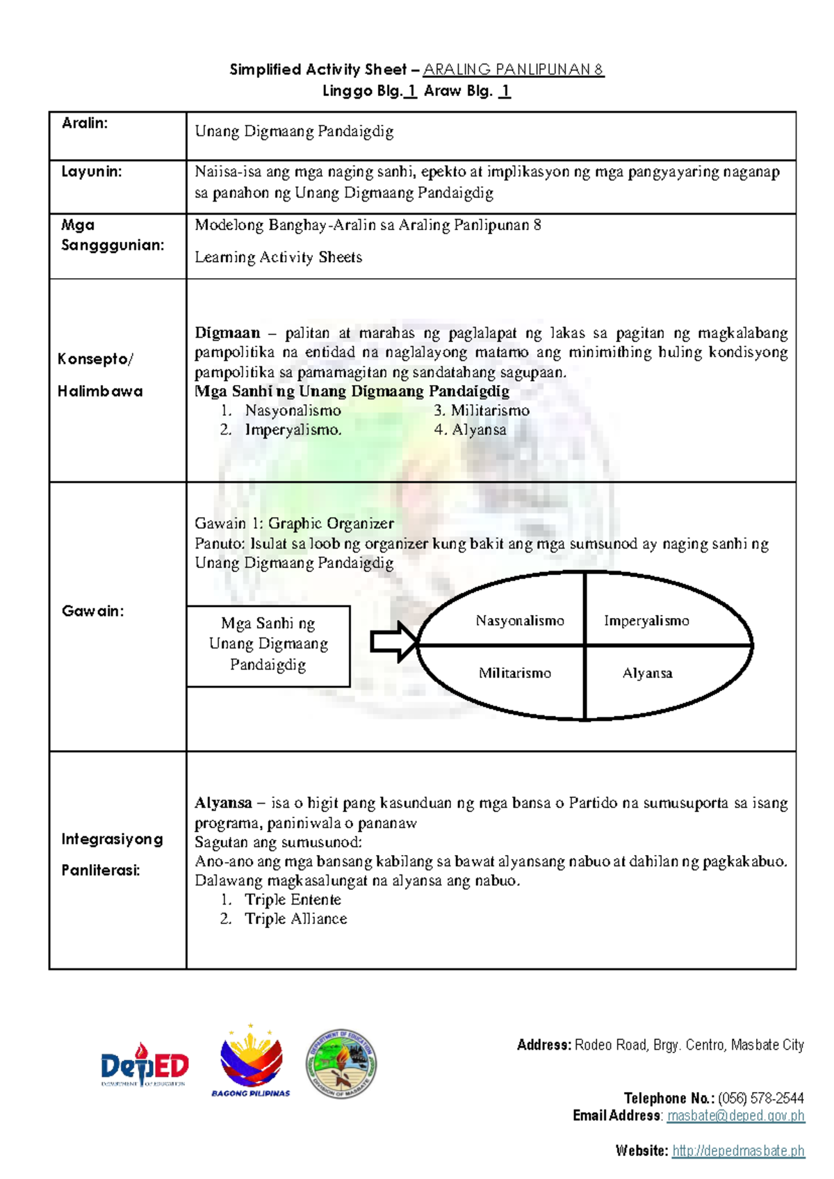 SAS AP G8 Q3 W1 - Activity Sheet sa Unang Digmaang Pandaigdig - Studocu