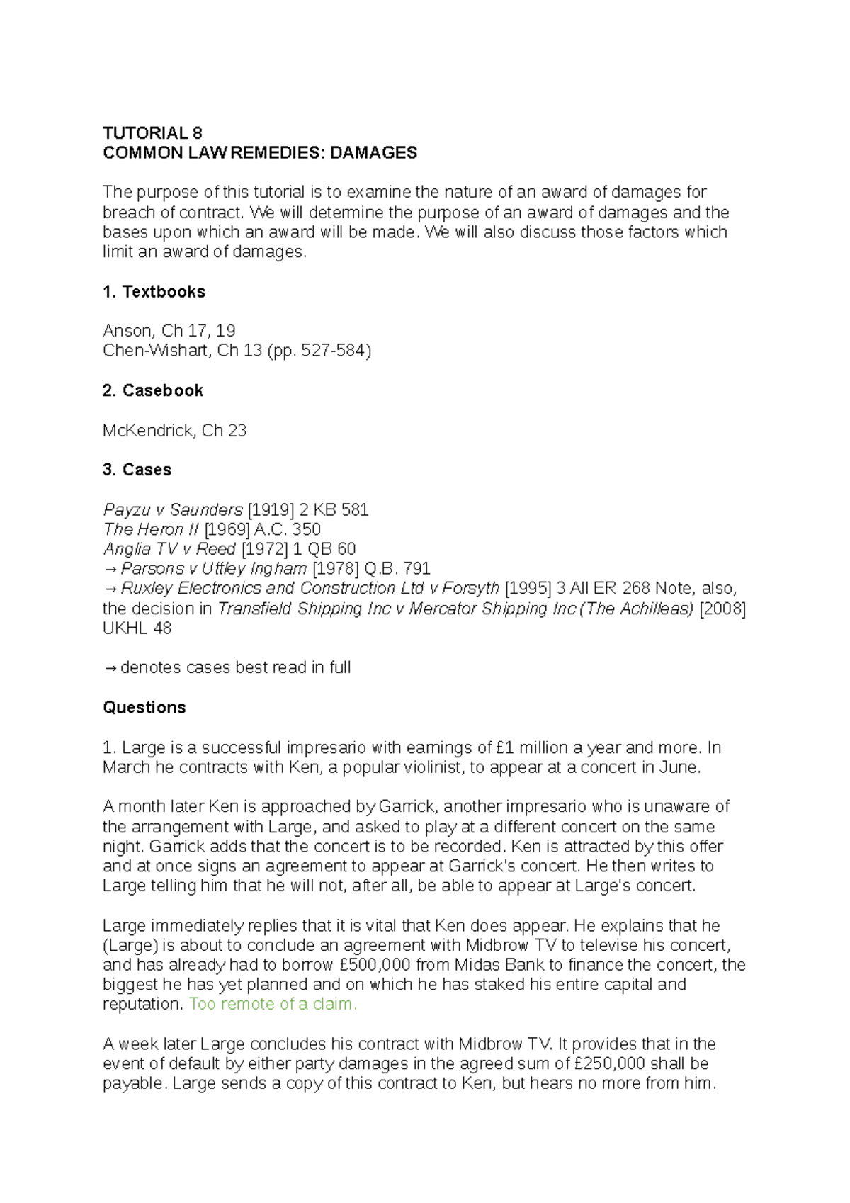 Damages tutorial - TUTORIAL 8 COMMON LAW REMEDIES: DAMAGES The purpose ...