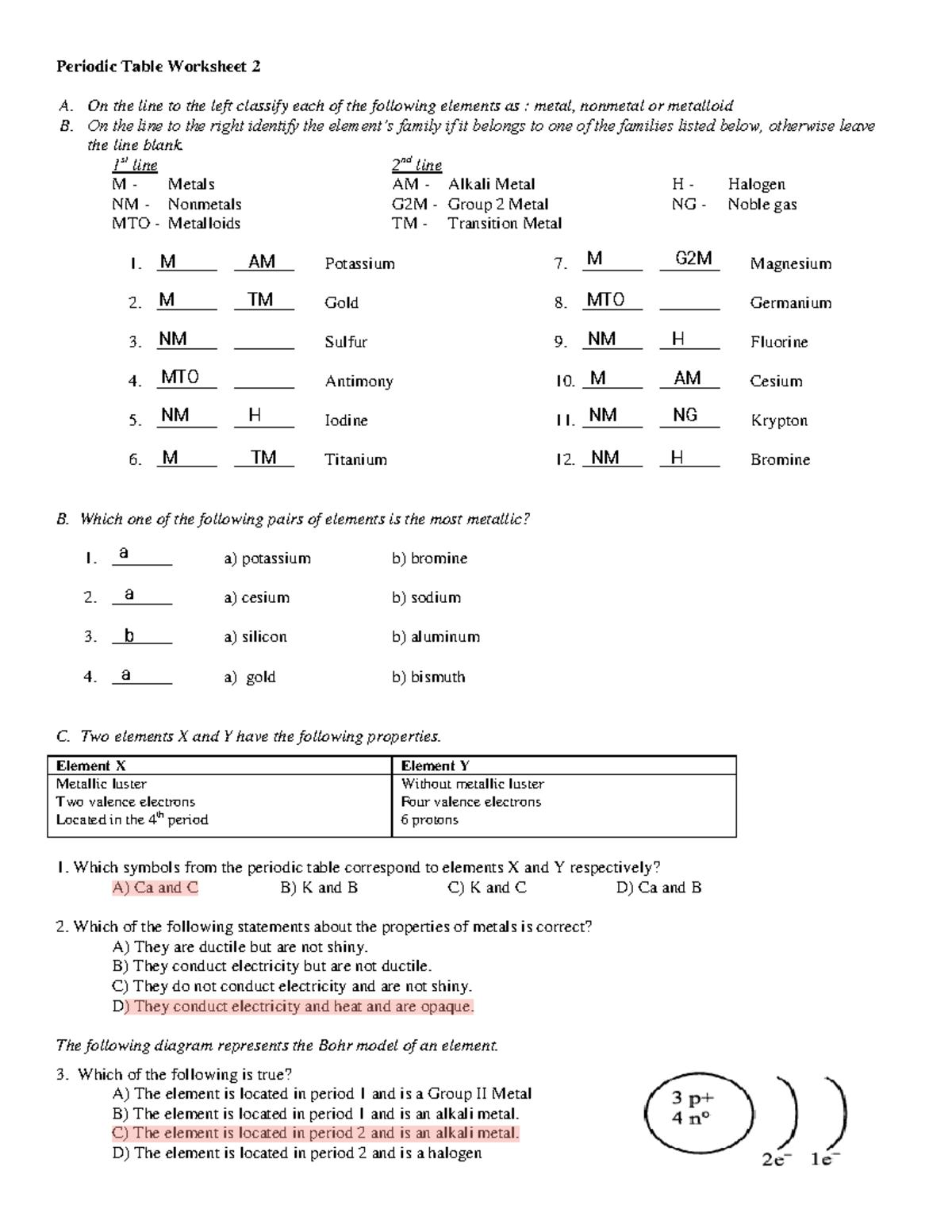 Periodic Table Review Worksheet Element Classification Properties