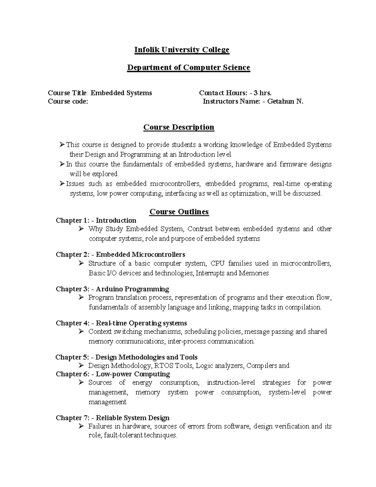 Embedded Systems Course Outline - Infolik University (CS 101) - Studocu