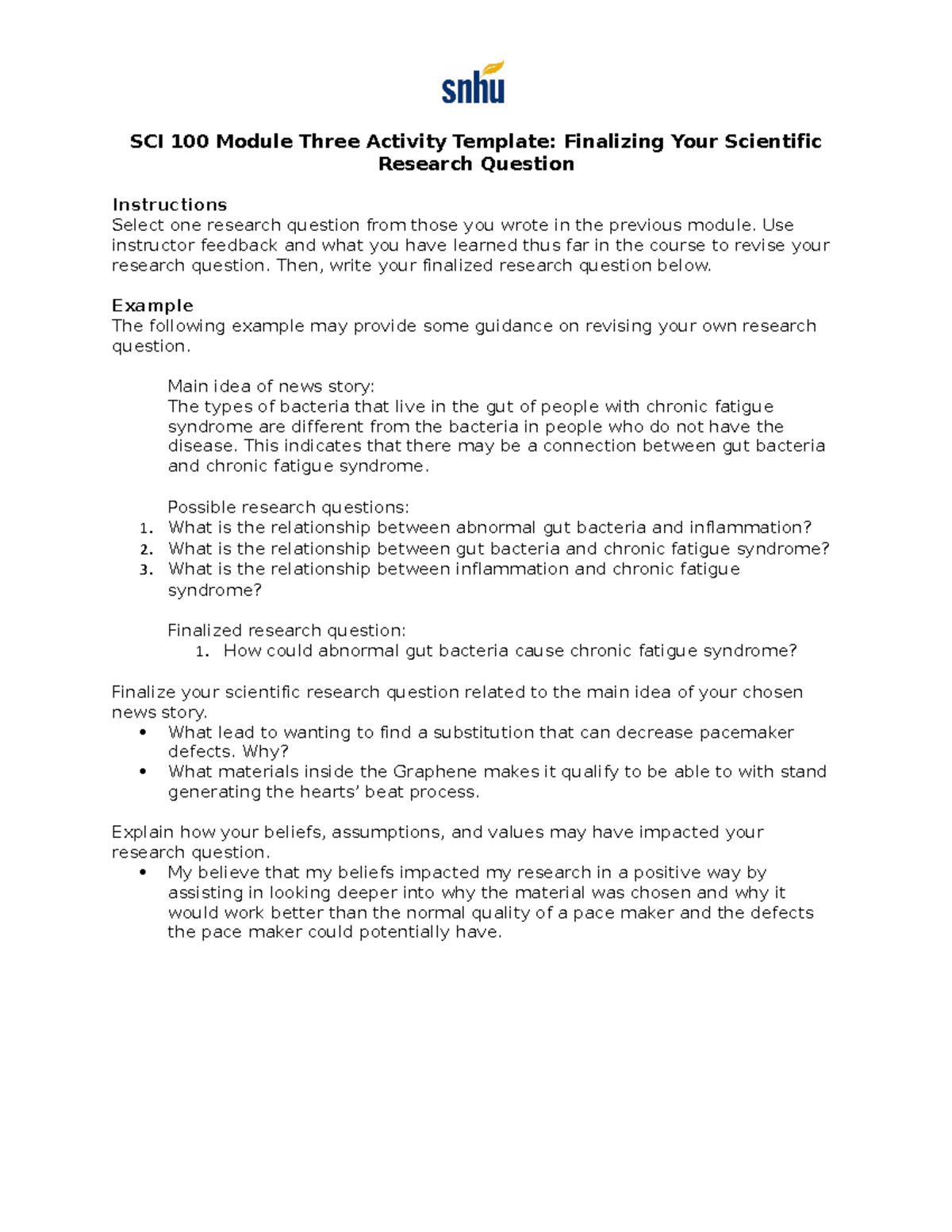 SCI 100 Module 3 Activity: Finalizing Your Scientific Research Question ...