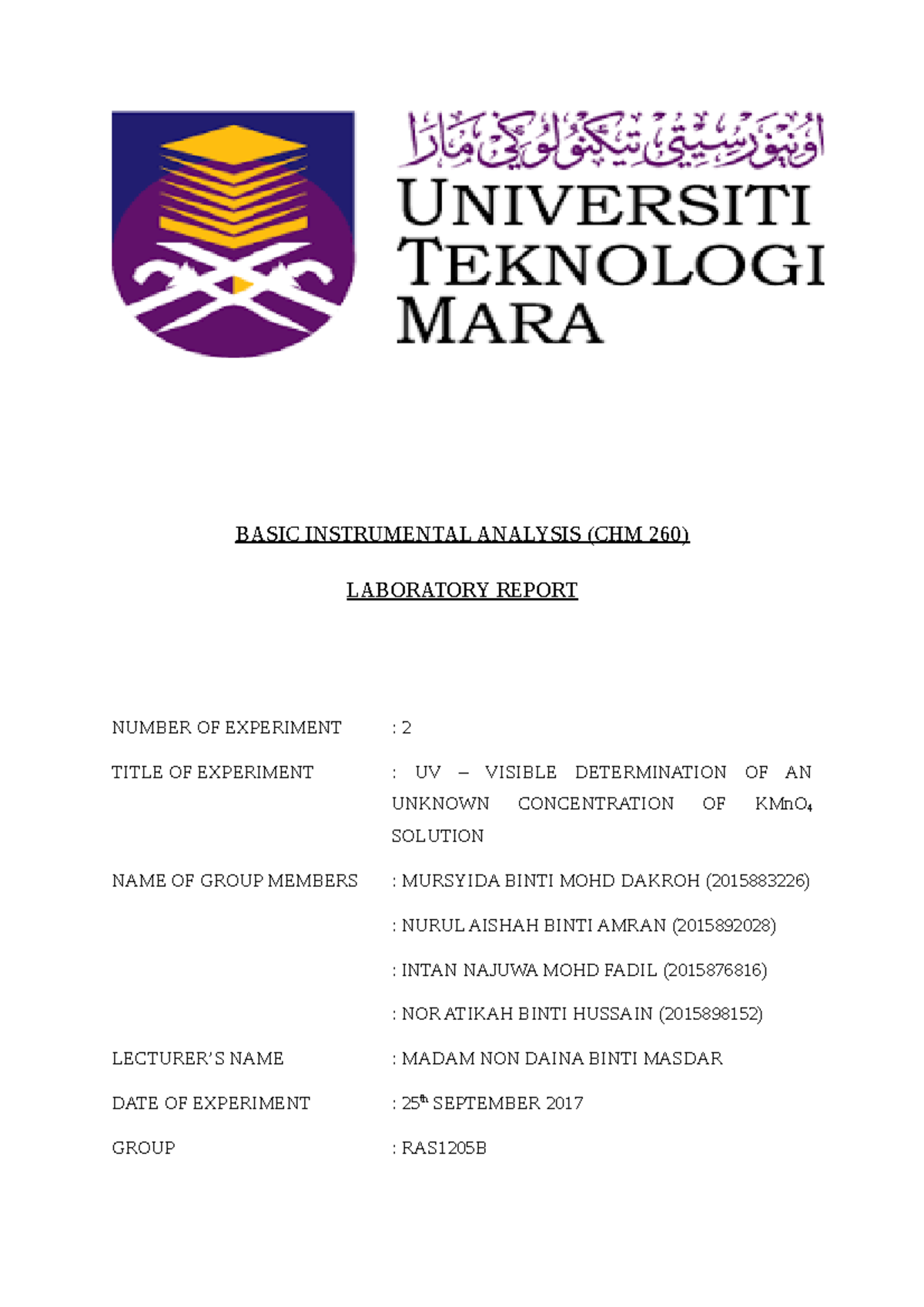 LAB REPORT EXP 2 UV-VISIBLE DETERMINATION OF AN UNKNOWN CONCENTRATION ...