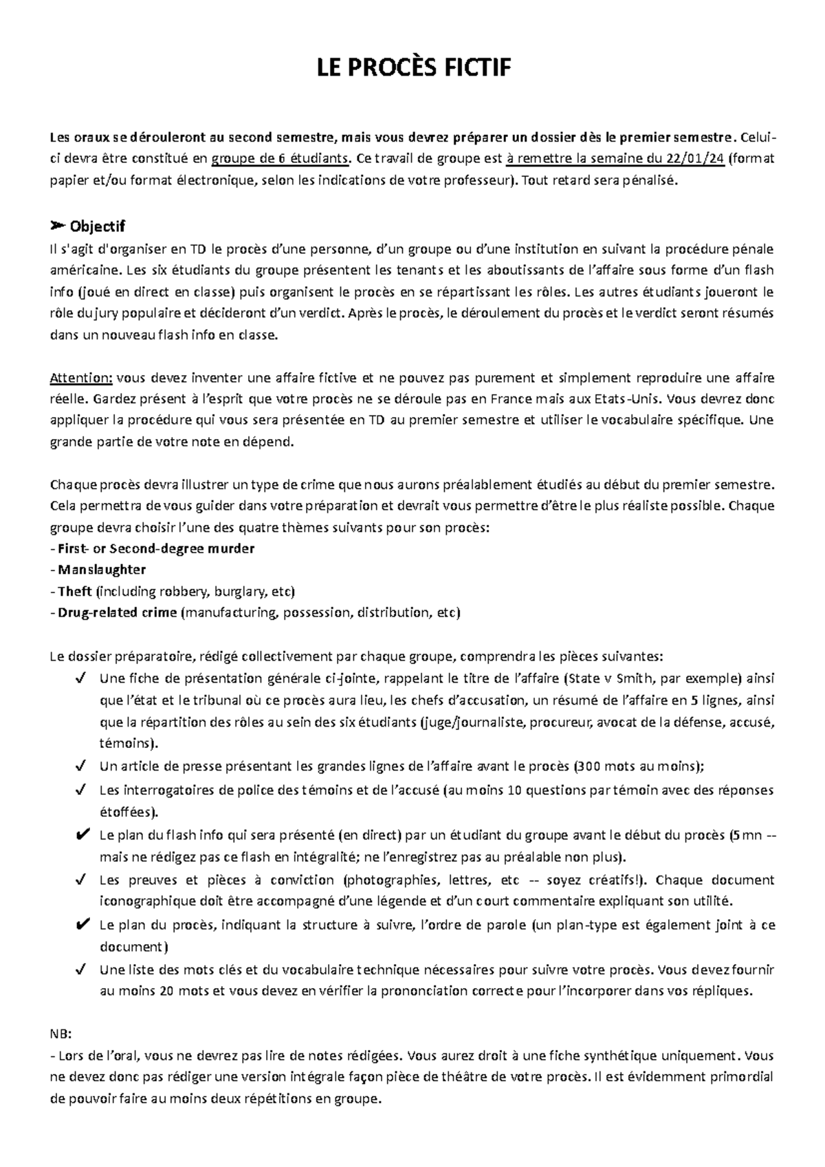 Instructions pour le procès fictif en TD - Dossier Coll. 2023 - Studocu