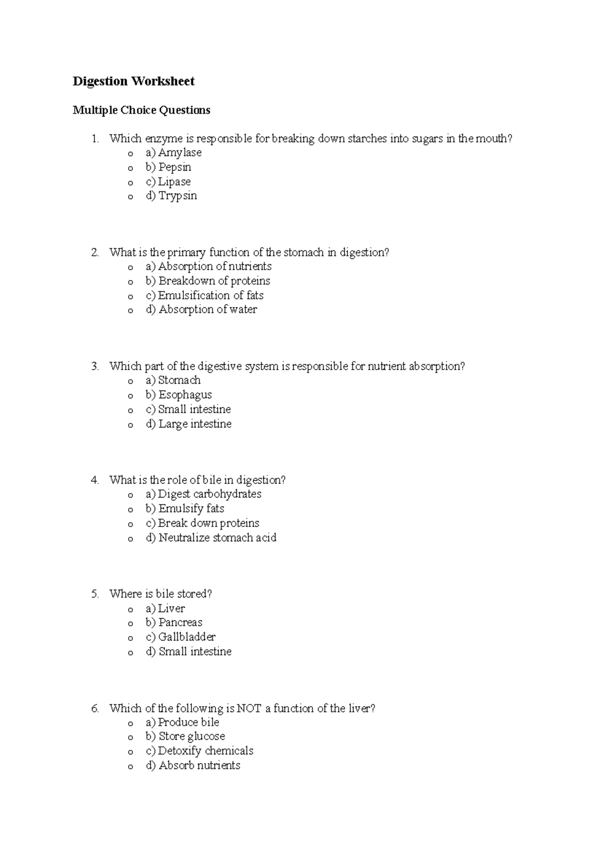 Digestion Worksheet MCQs & Structured Questions - BIO101 - Studocu