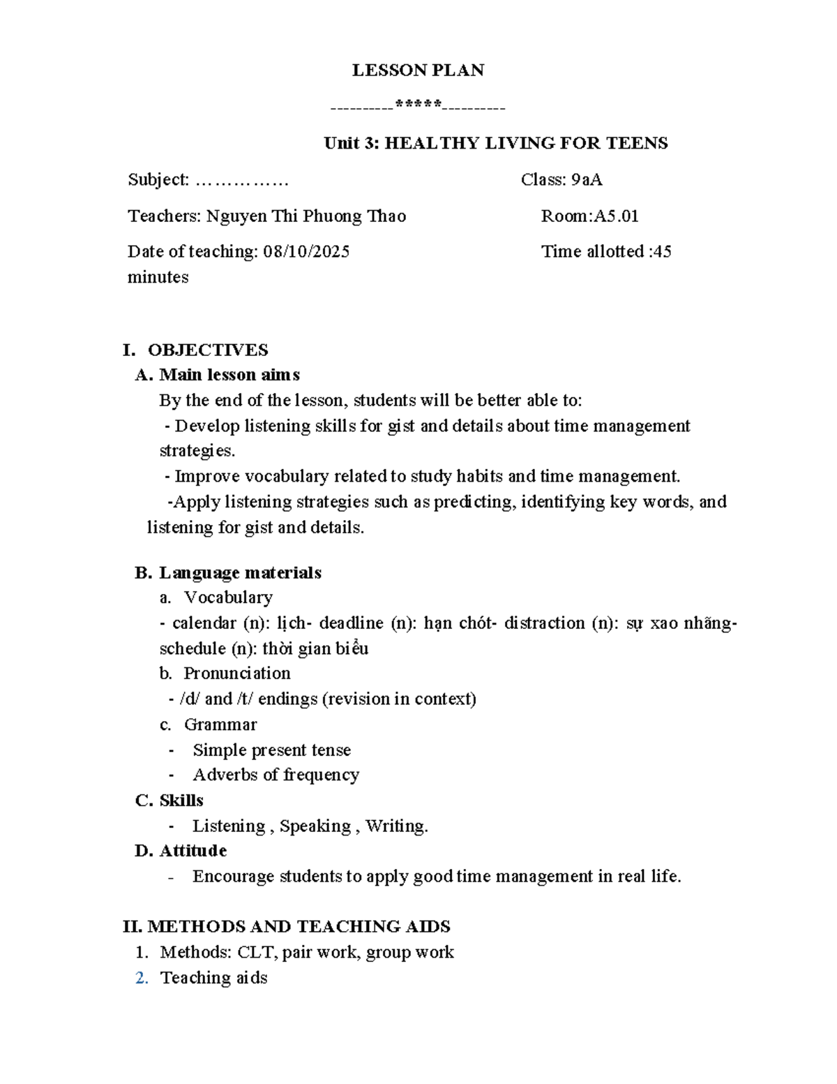 LESSON PLAN 3: HEALTHY LIVING FOR TEENS (Class 9aA) - Studocu