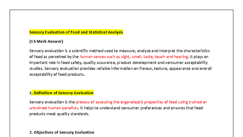 Sensory Evaluation of Food & Statistical Analysis (Course Code: 5 ...
