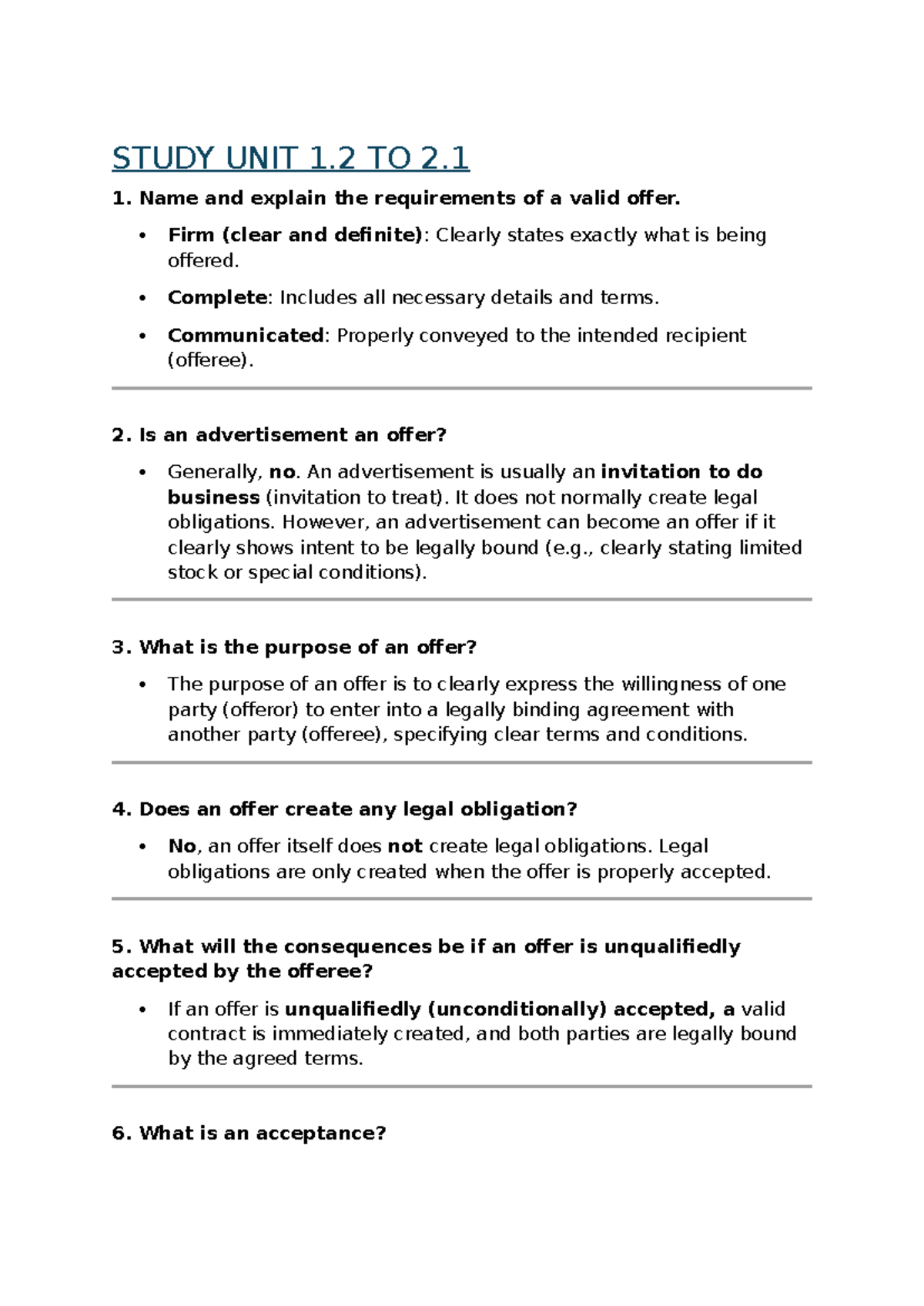 BSCI LAW 1 - SUMMARY OF LAW STUDY UNIT 1.2: OFFERS AND ACCEPTANCES ...