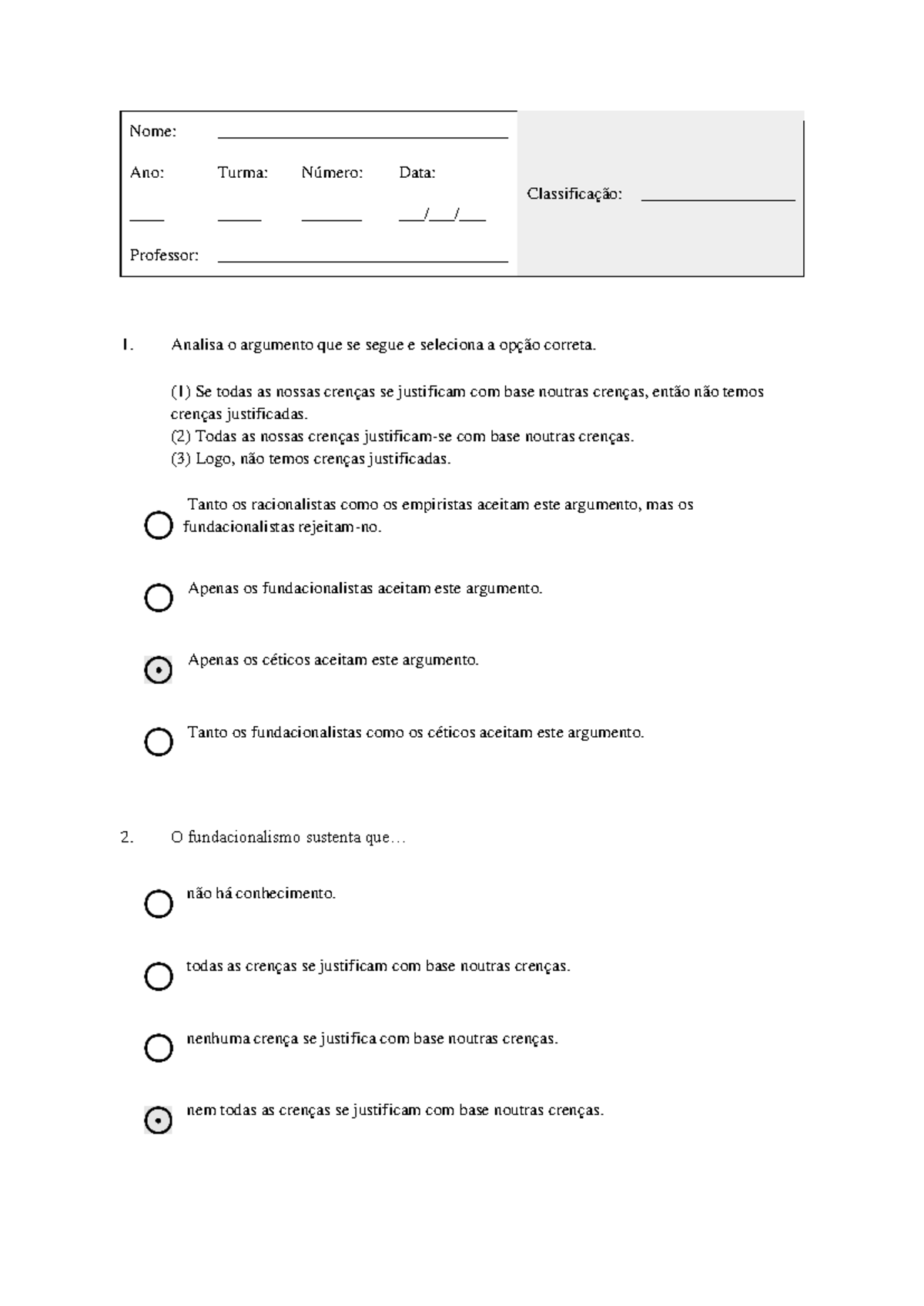 Teste de Correção: Análise de Argumentos e Conhecimento (Ano: Turma ...