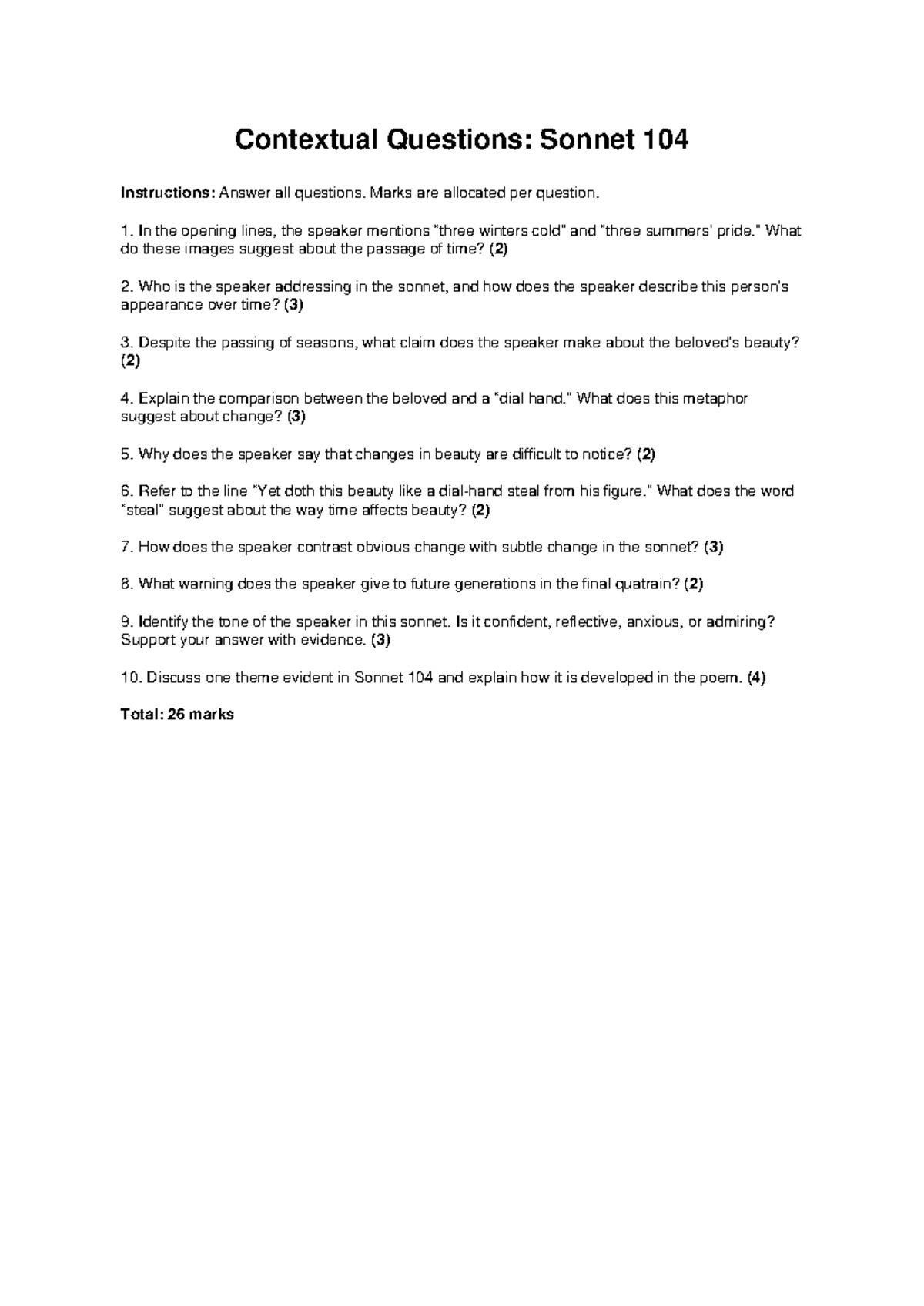 Sonnet 104 Questions - Study Notes for Analysis - Studocu