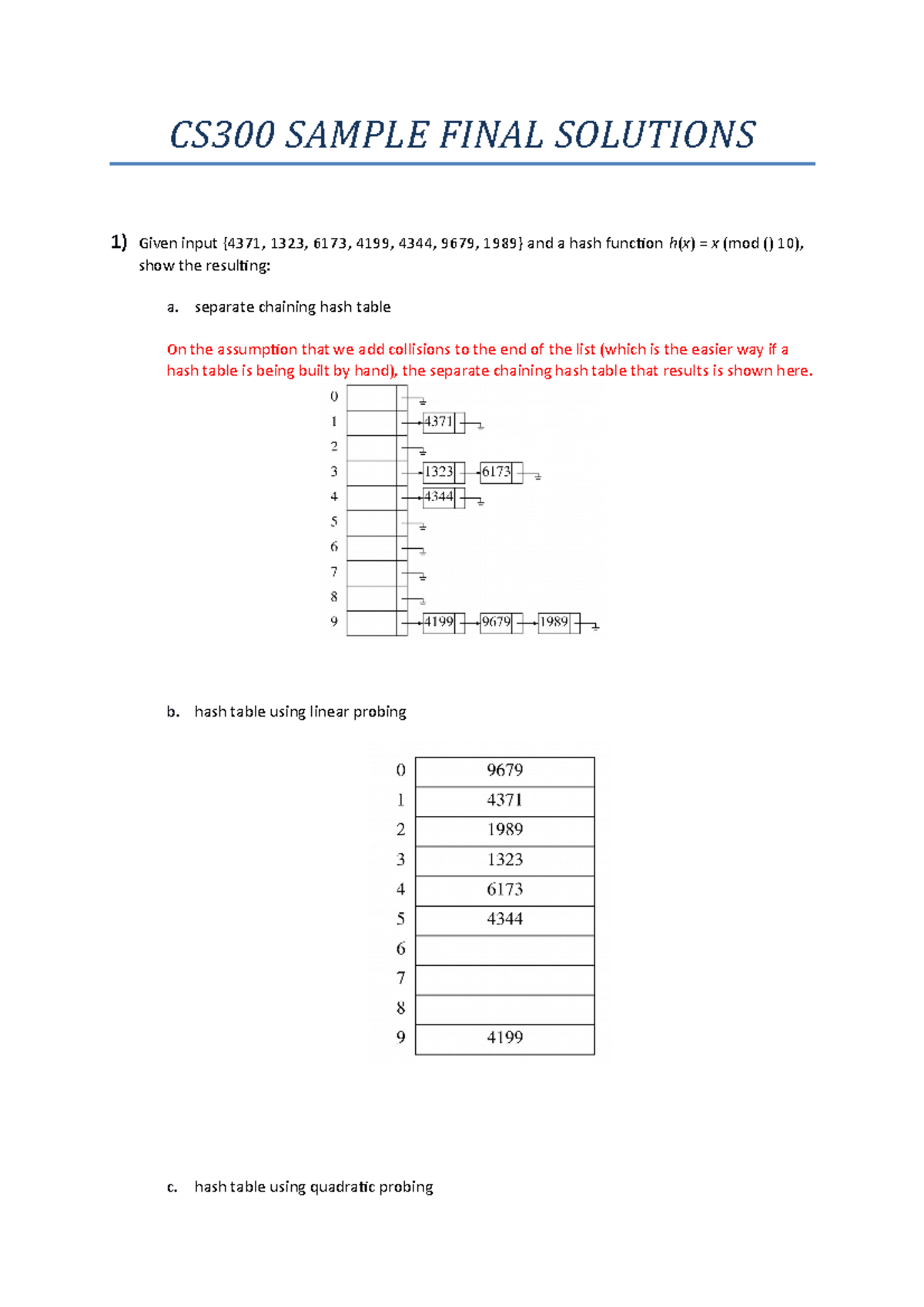 CS300 Sample Final Solutions - CS300 SAMPLE FINAL SOLUTIONS 1) Given input {4371, 1323, 6173 ...