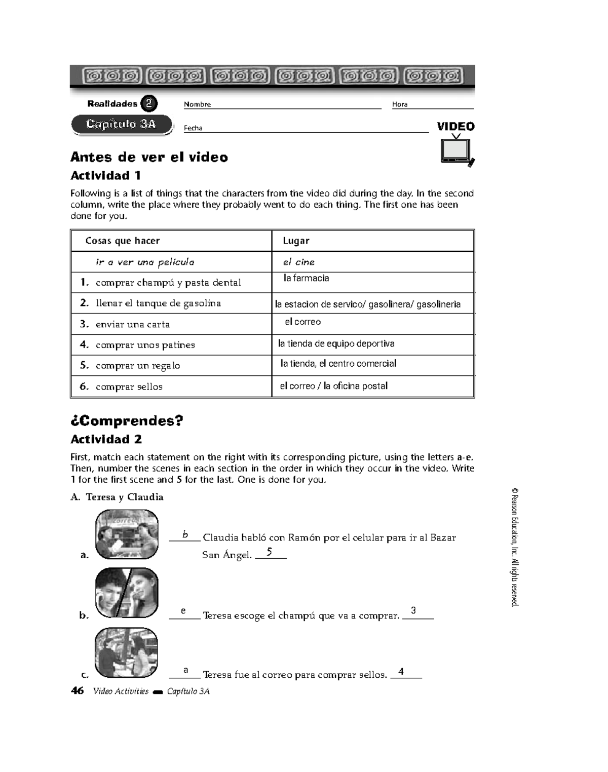 Spanish 2: Video Activities for Capítulo 3A - Studocu
