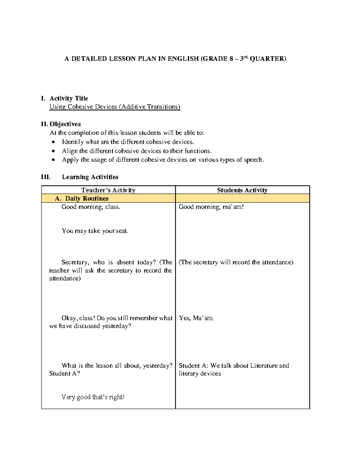 DLP Cohesive-Devices - This detailed lesson plan talks about cohesive ...