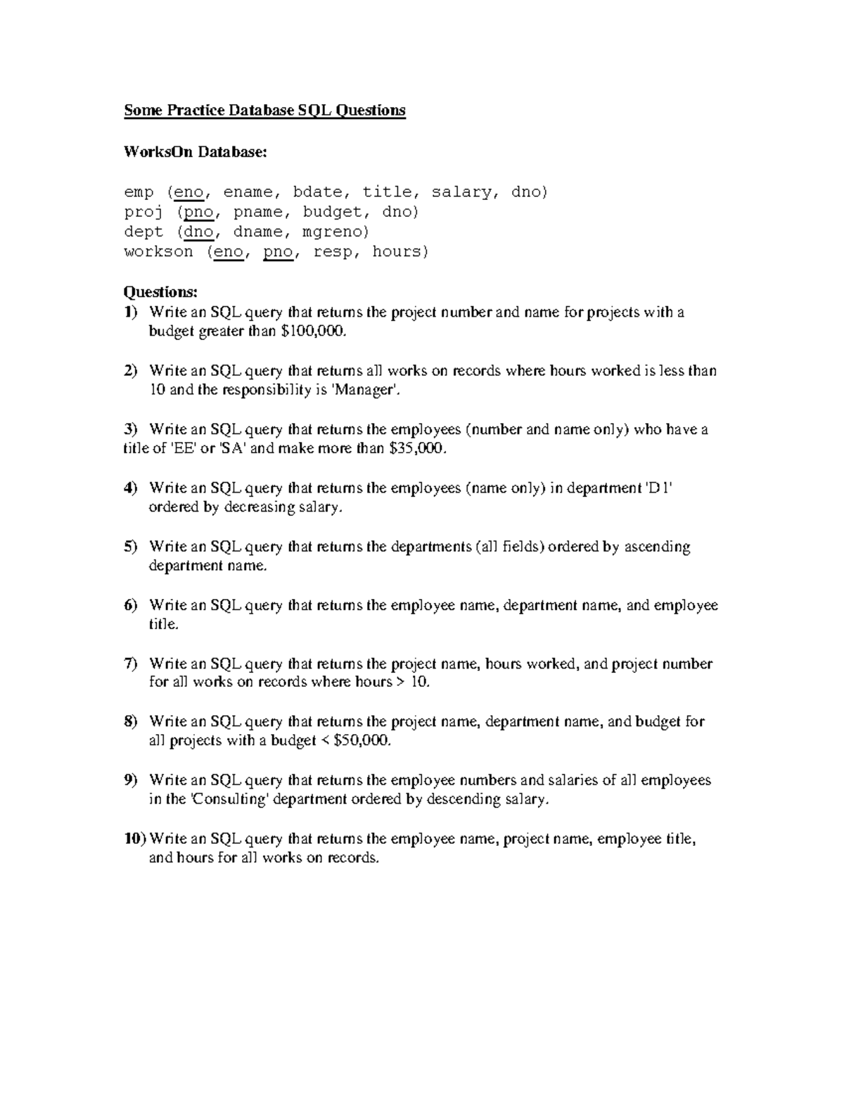 SQLPractice Questionsgfor students - Some Practice Database SQL ...