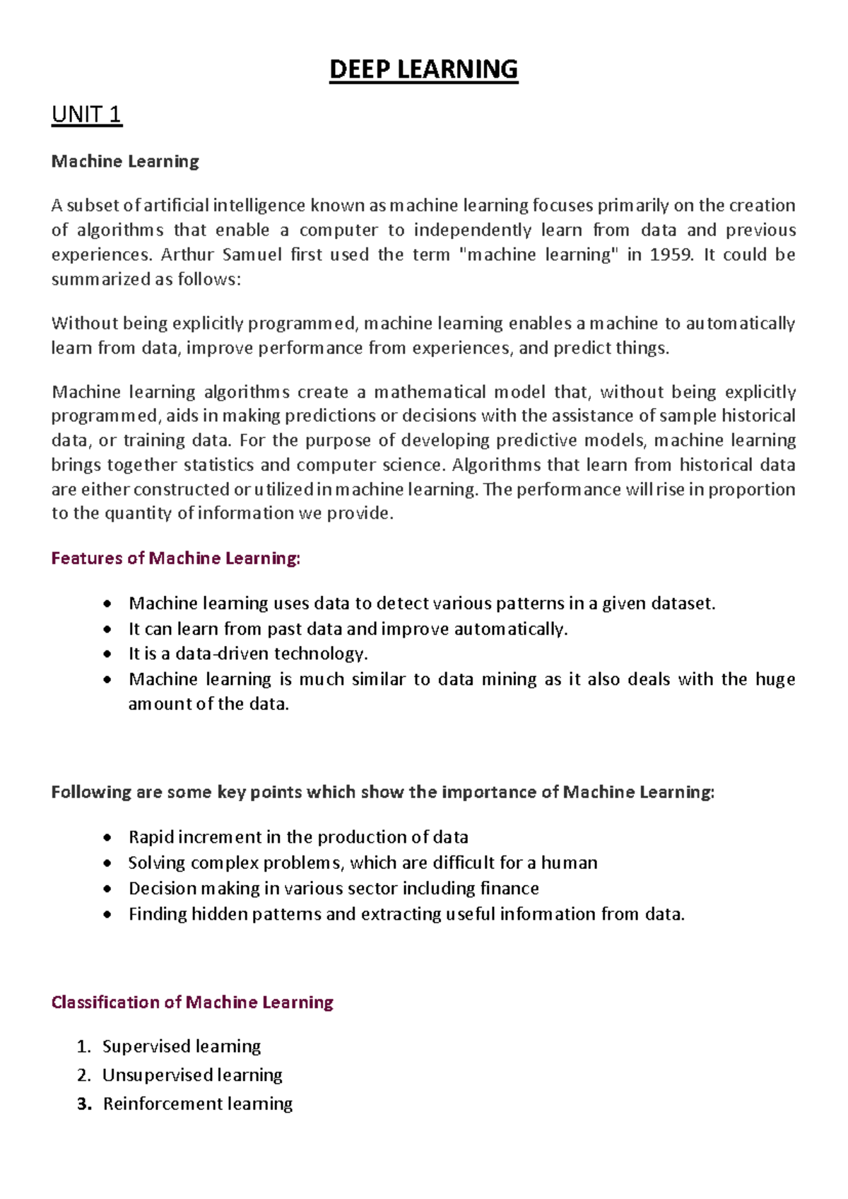 Deep Learning Notes - Final Exam - ML and ANN Overview - Studocu