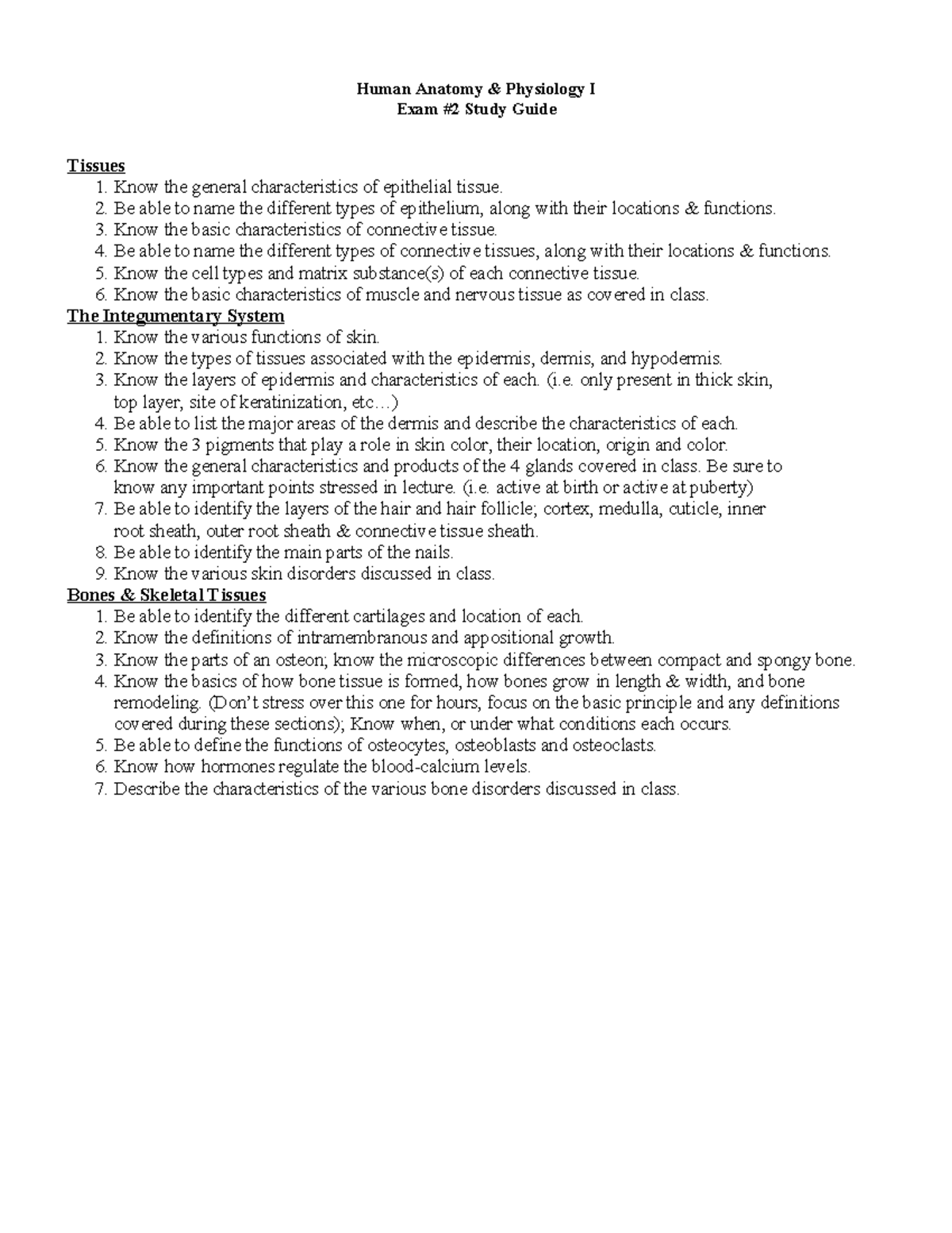 Human Anatomy & Physiology I Exam 2 Study Guide: Tissues ...