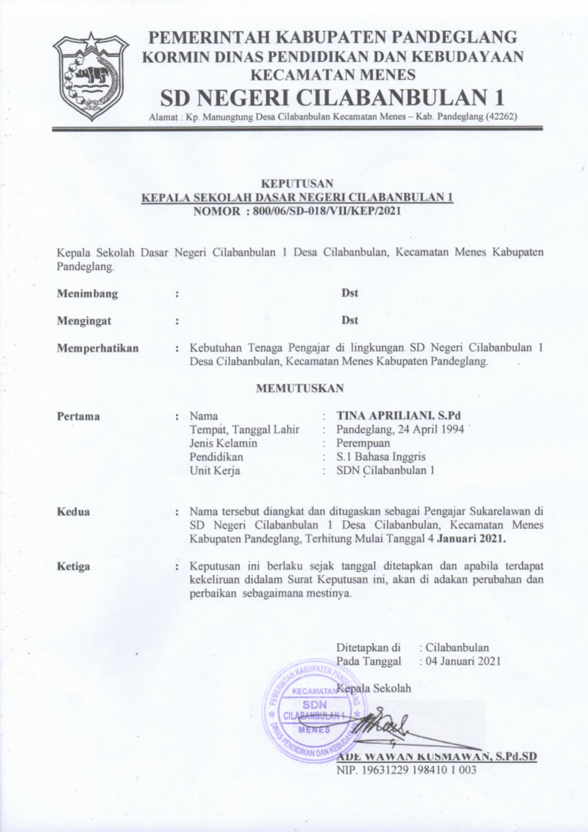 SK. TKS TINA 2021 - Surat Keterangan - education - Studocu