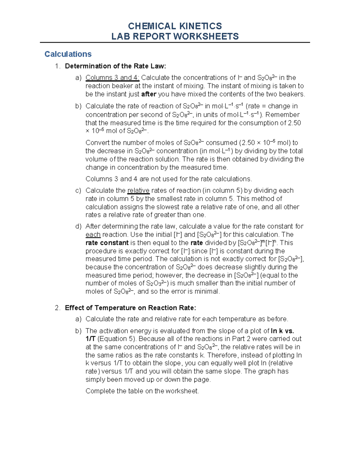 Chemical Kinetics Lab Report Worksheets for Assessing Reaction Rates ...