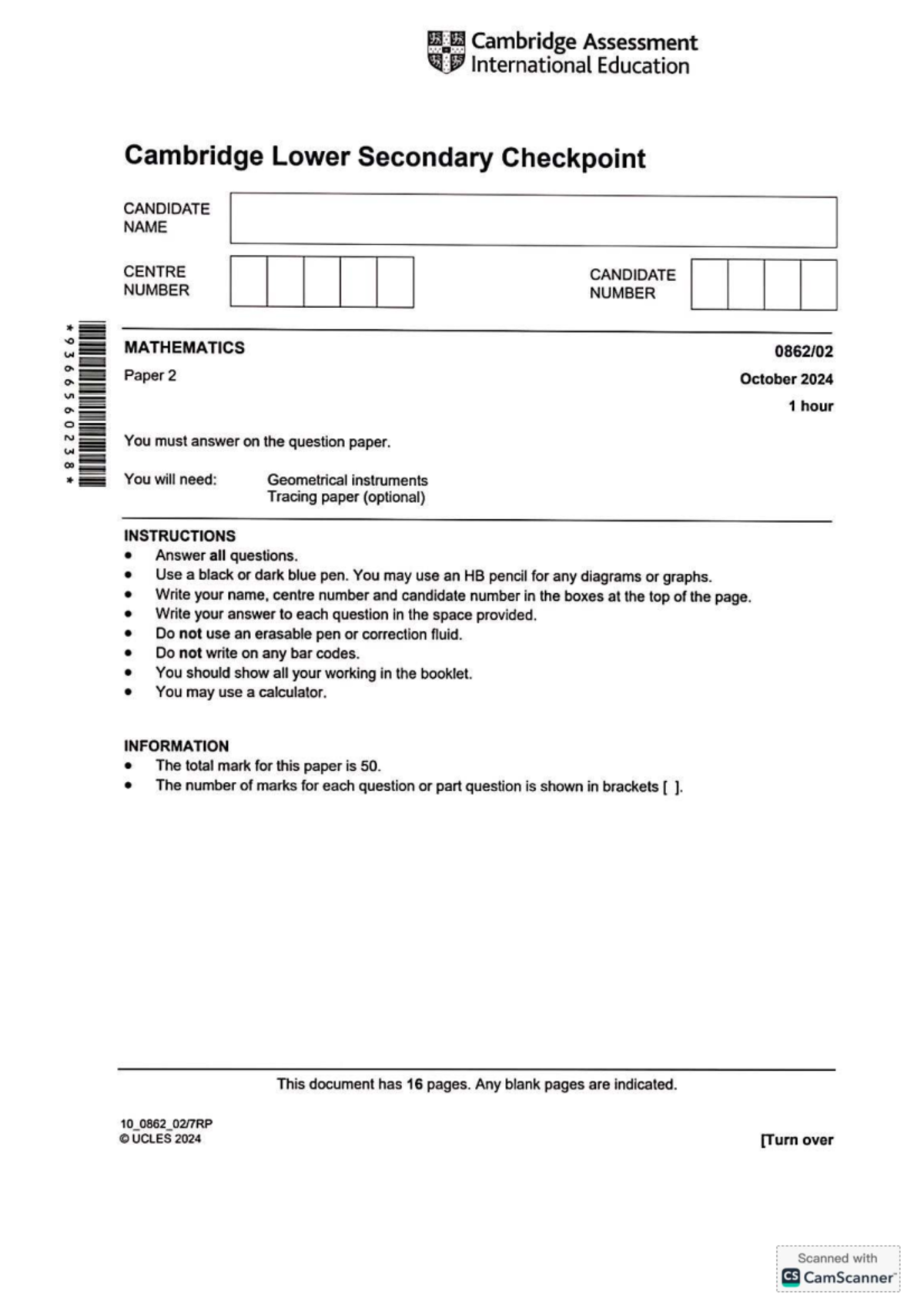 Mathematics Paper 2 - Cambridge Lower Secondary Checkpoint (CANDIDATE ...