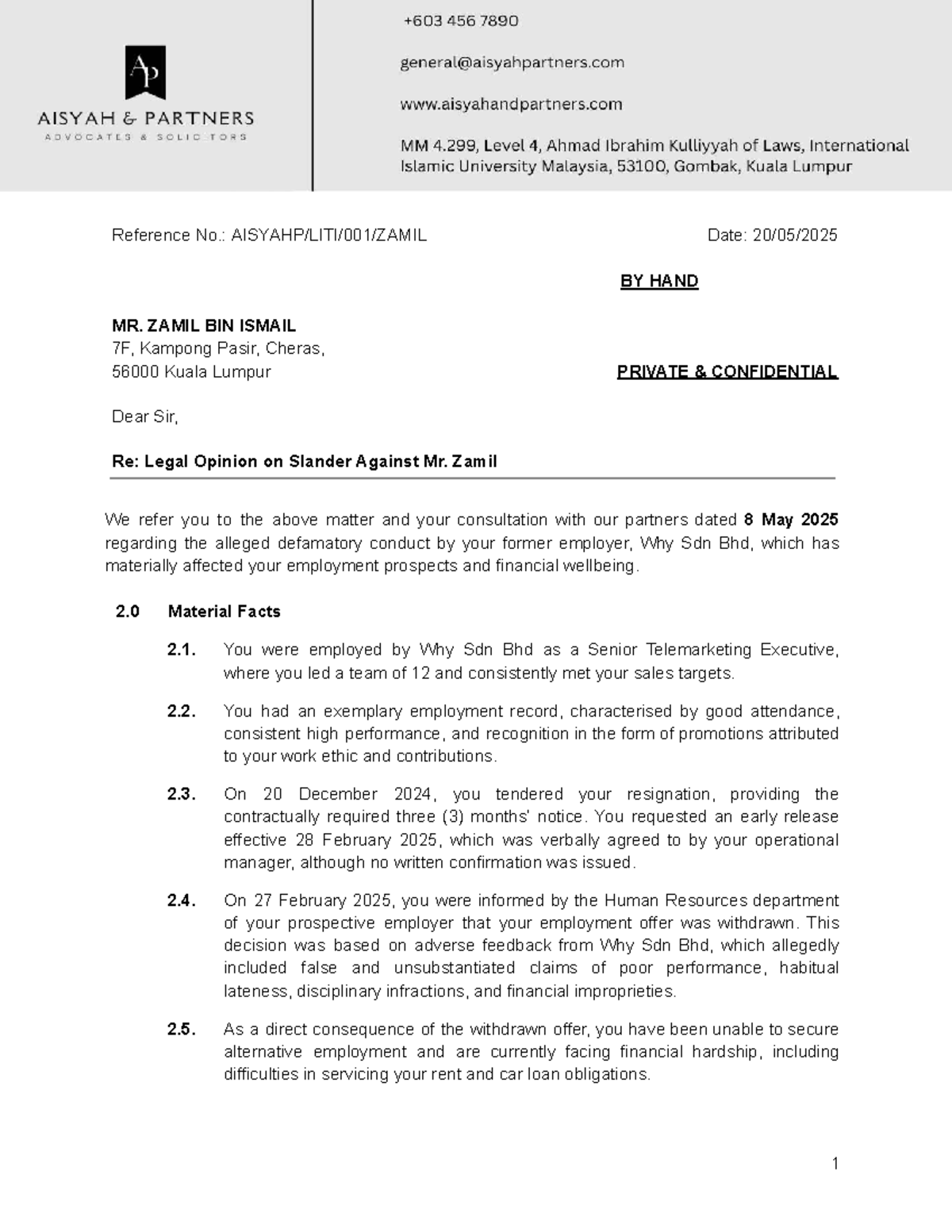 Draft Legal Opinion on Slander Case Against Mr. Zamil (2025) - Studocu