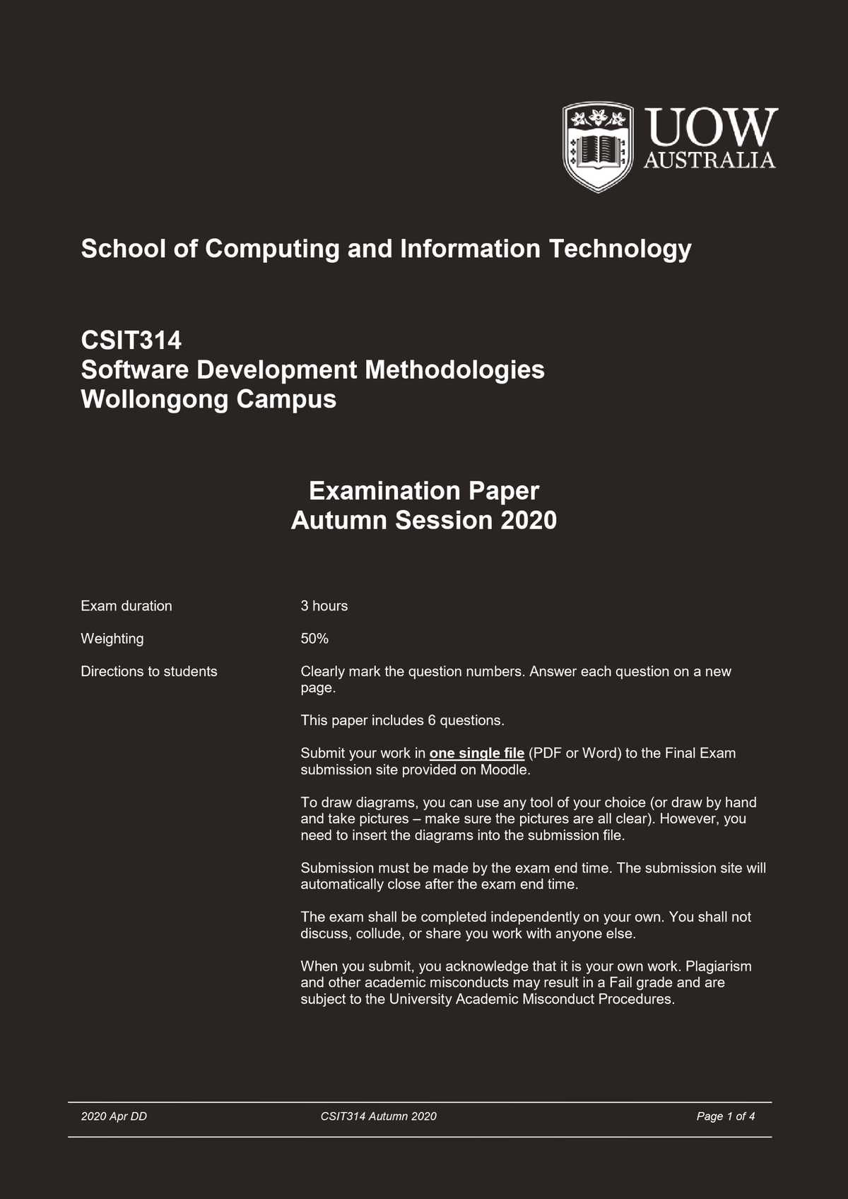 CSIT314 Final Exam: Software Development Methodologies 2020 - Studocu