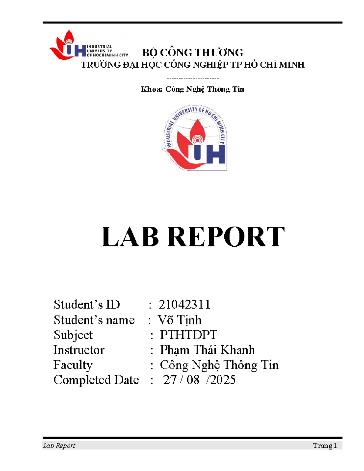 LAB REPORT 21042311: Thực Hành Đa Phương Tiện - Võ Tịnh - Studocu