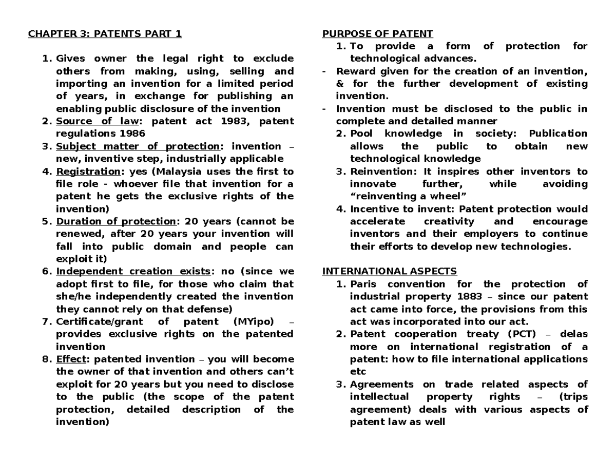 Chapter 3 Patents ACT copy - CHAPTER 3: PATENTS PART 1 Gives owner the legal right to exclude ...