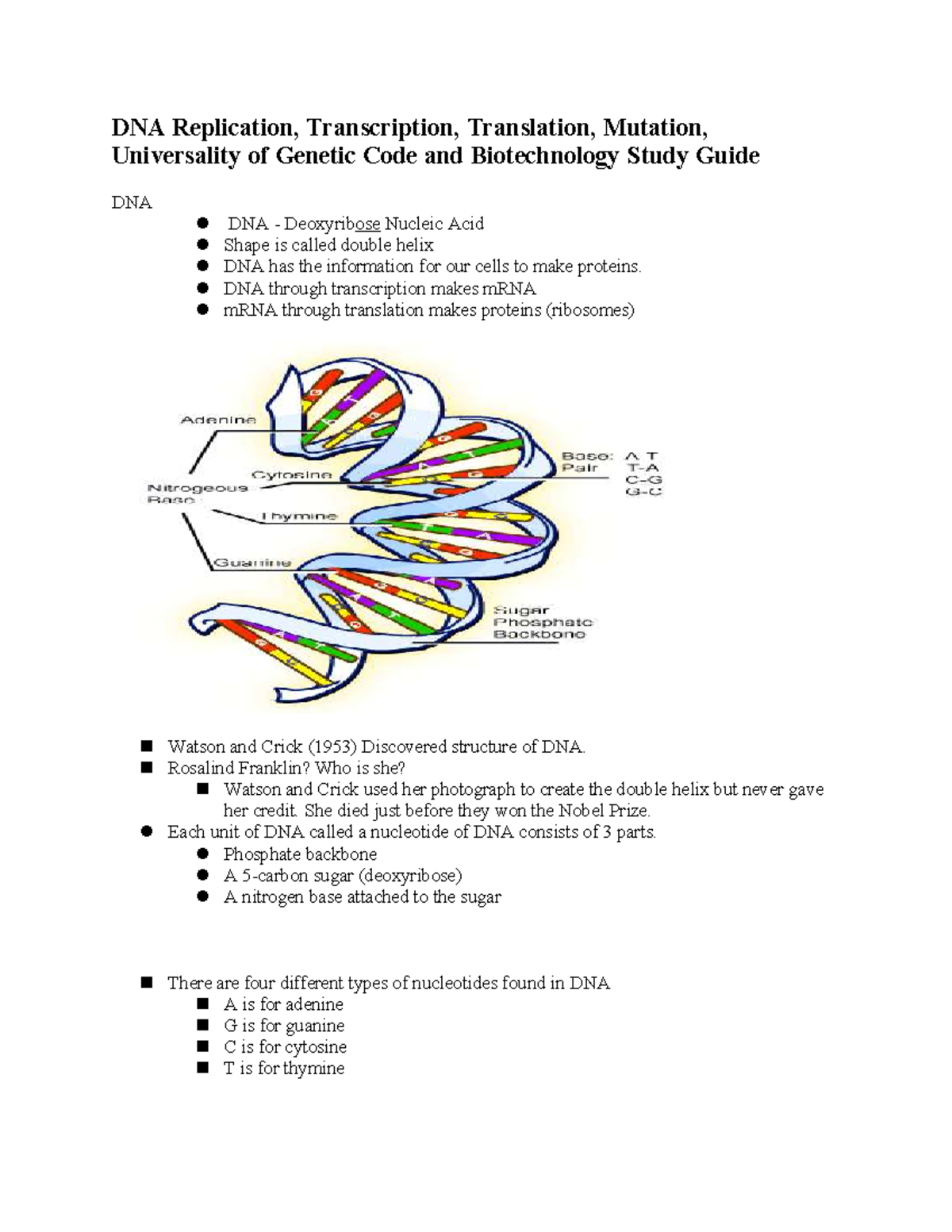 Biology MOY Review: DNA Replication, Transcription, and Biotechnology ...