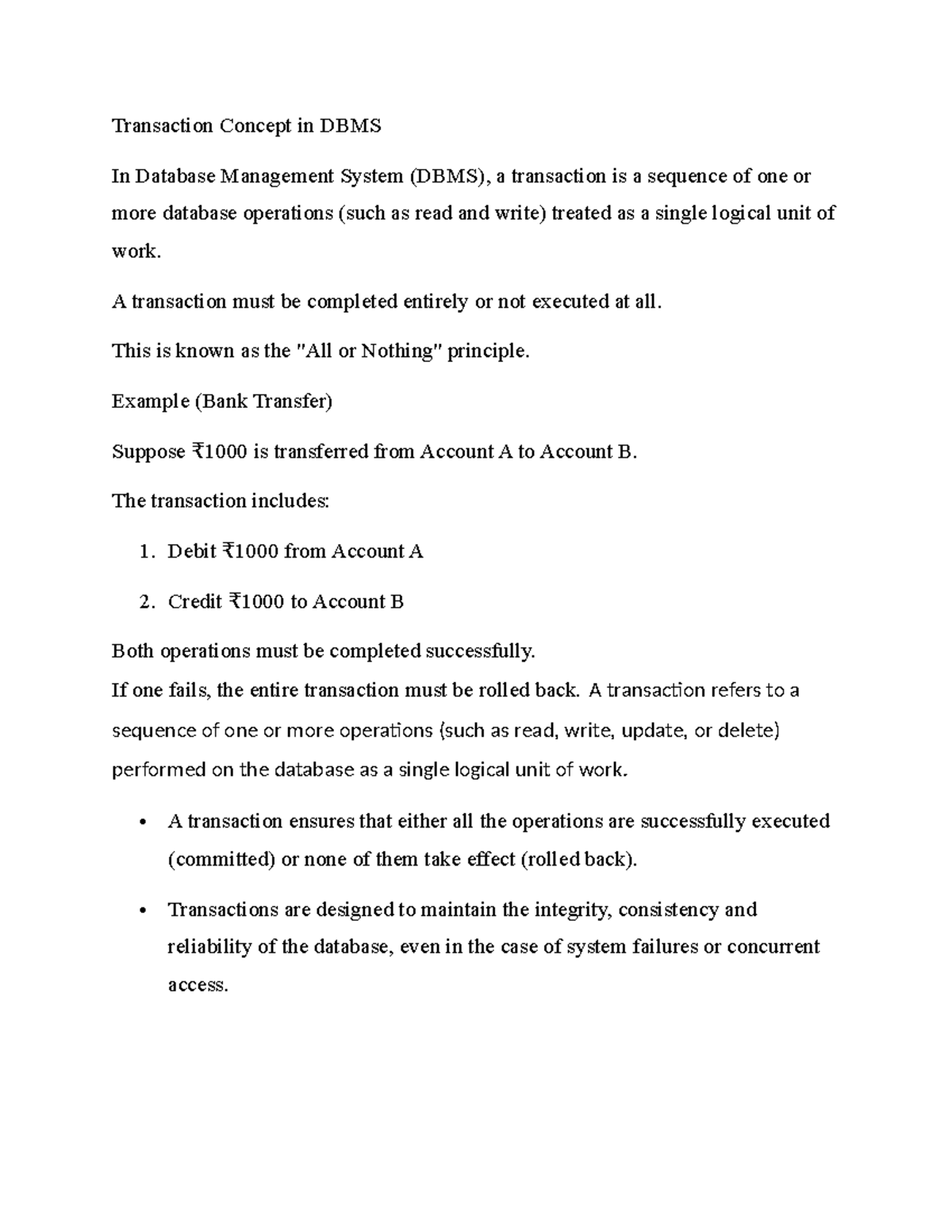 Unit 3 DBMS: Transaction Concepts and ACID Properties Notes - Studocu