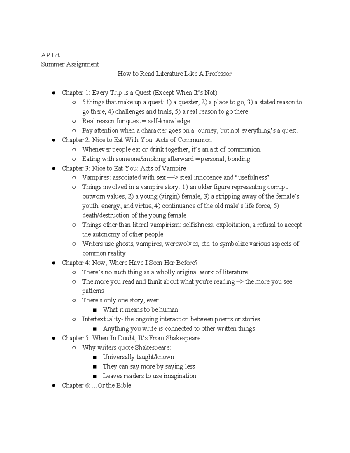 How to Read LIterature Like A Professor - AP Lit Summer Assignment How ...